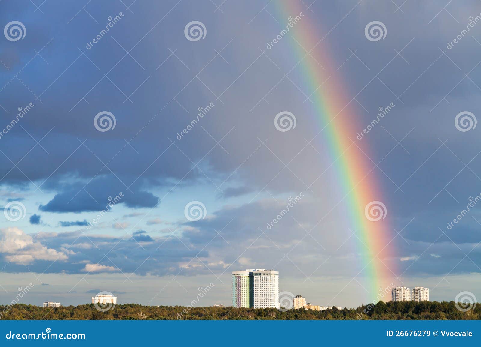 Urban Panorama with Rainbow Stock Image - Image of district, climate ...