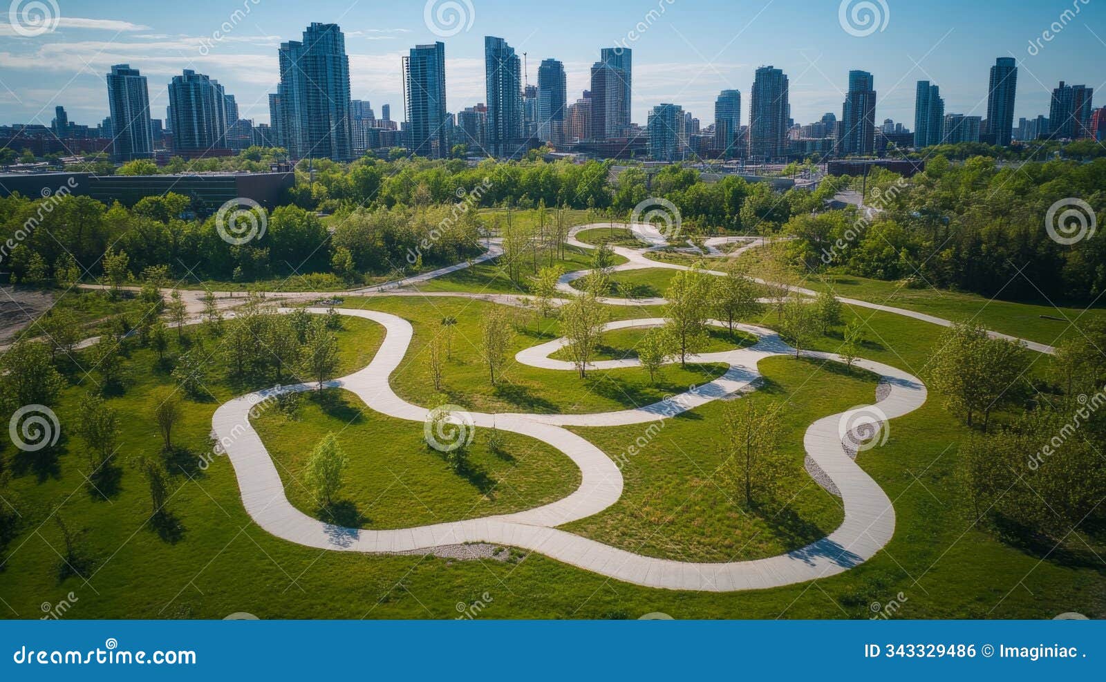 Urban Park with Winding Concrete Pathway and Green Grass Stock ...