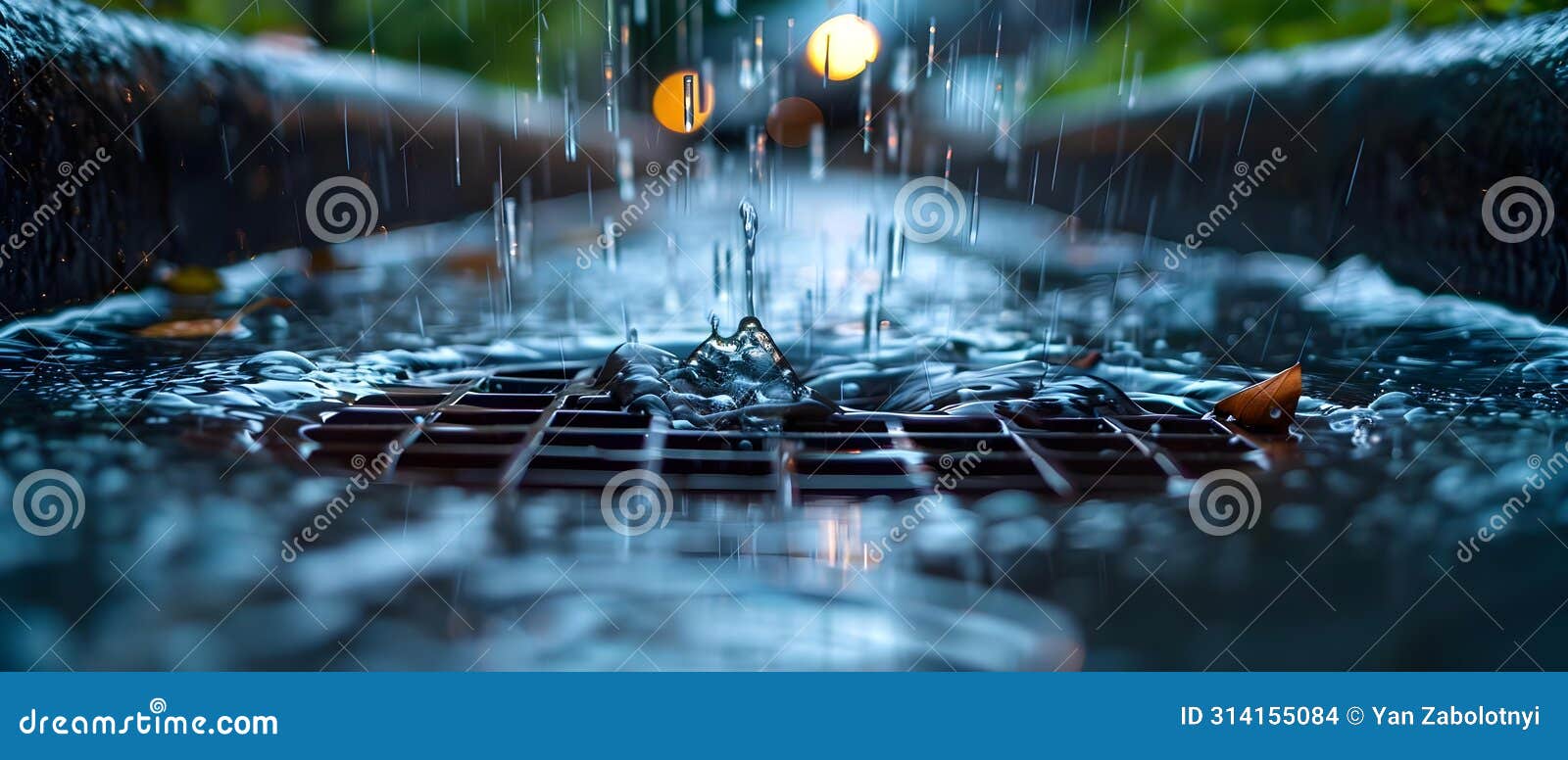 Urban Rain Symphony: Gutter Grate In Downpour. Concept Urban, Rain ...