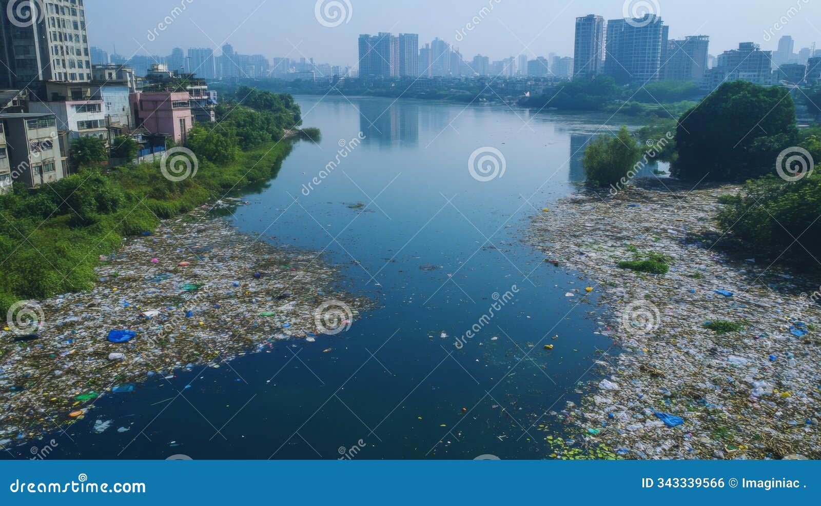 River Polluted With Green Toxic Waste With Factory In Background ...