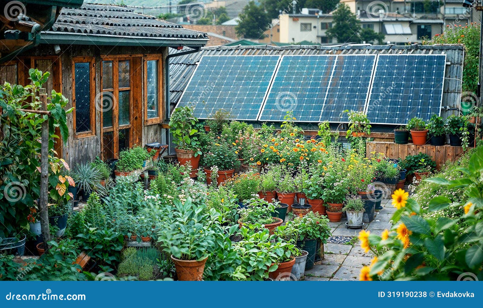 Urban Rooftop Garden with Plants and Solar Panels. Stock Photo - Image ...