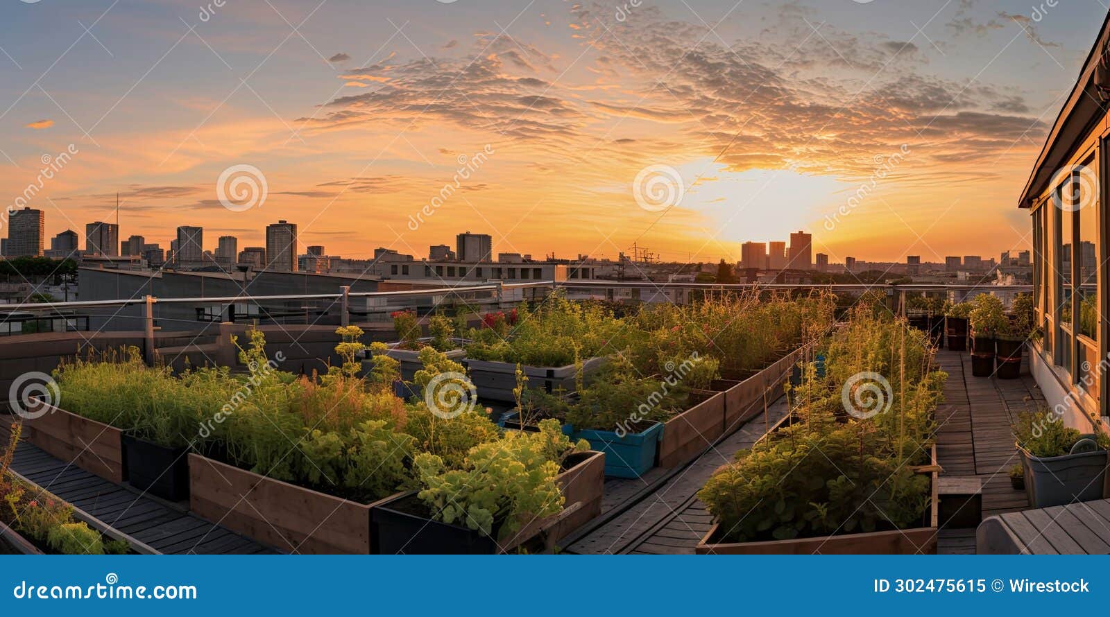 Urban Rooftop at Sunset Covered in Container Gardens. AI-generated ...