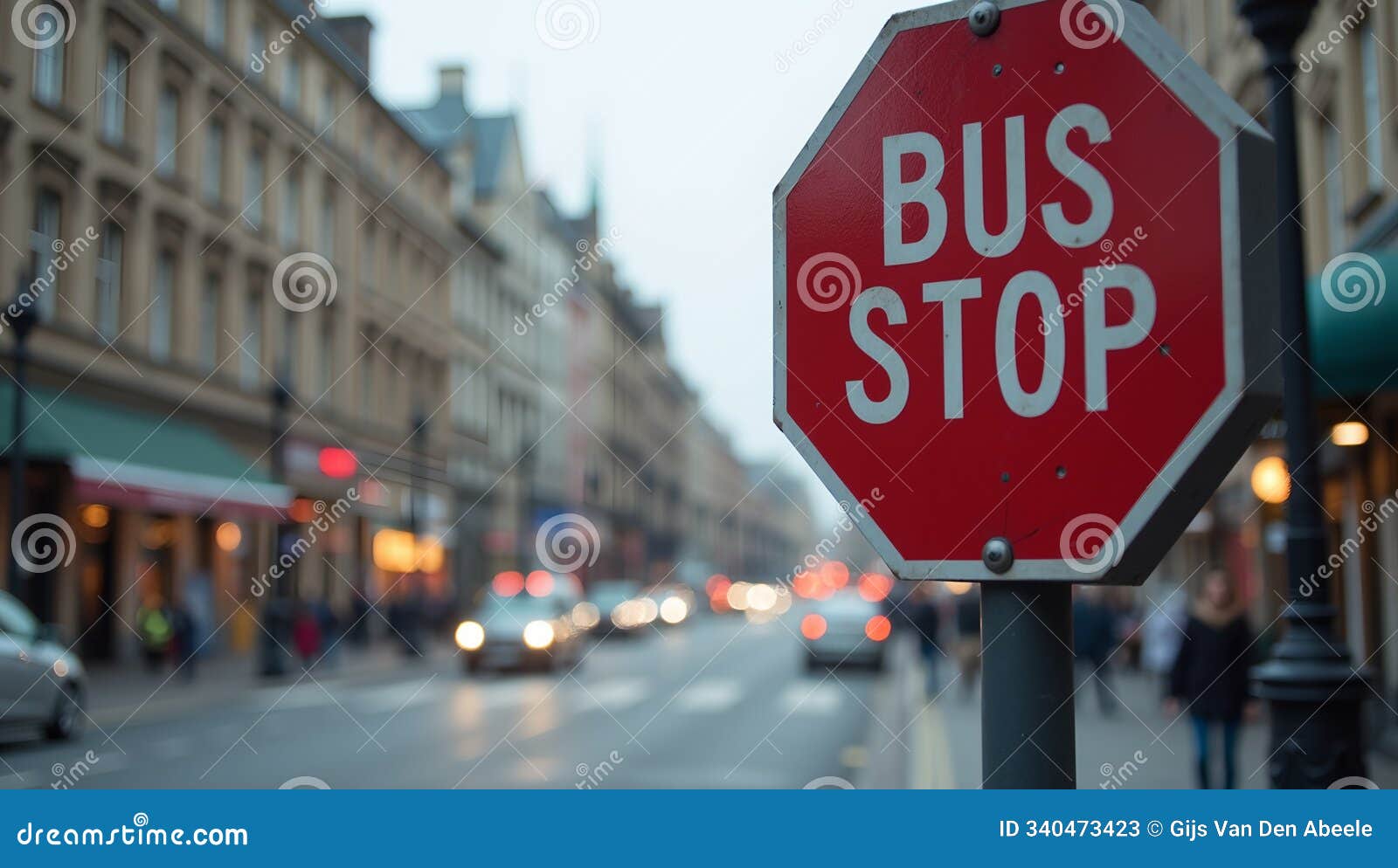 Urban Scene BUS STOP Sign with City Bustle Backdrop Stock Illustration ...