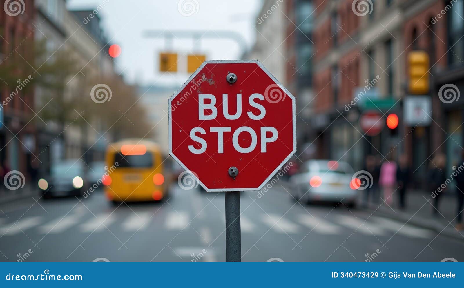 Urban Scene BUS STOP Sign with City Bustle Backdrop Stock Illustration ...