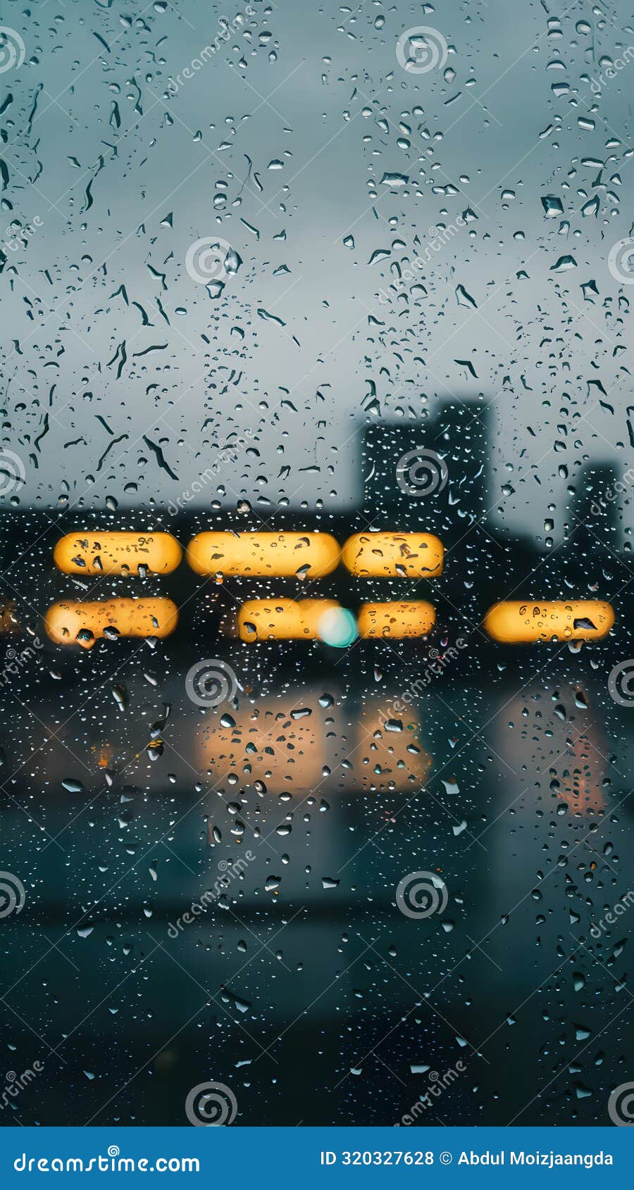 Urban Scene with Raindrop Patterns on View Windowpane, Reflecting ...