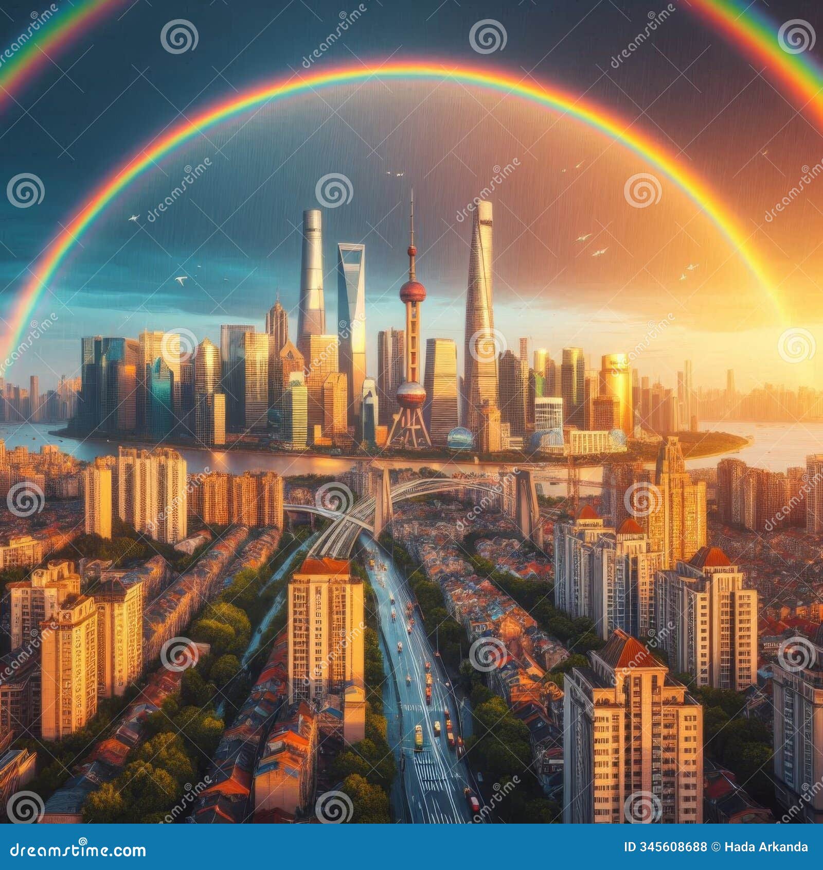 Urban Scene with Vibrant Double Rainbow in the Sky Stock Illustration ...