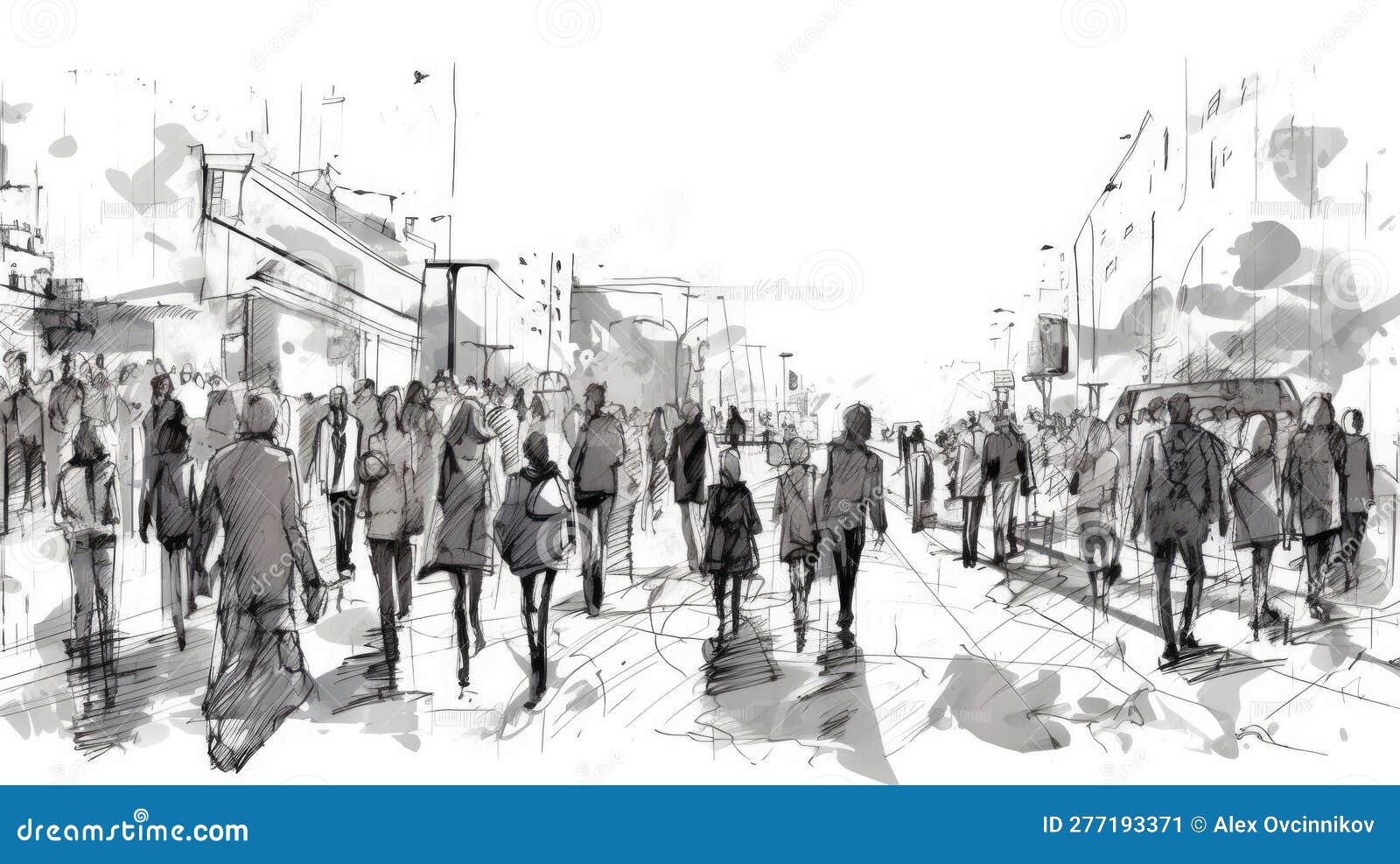 Urban Sketching of a Crowd Walking Panoramic View. Perfect for Posters ...