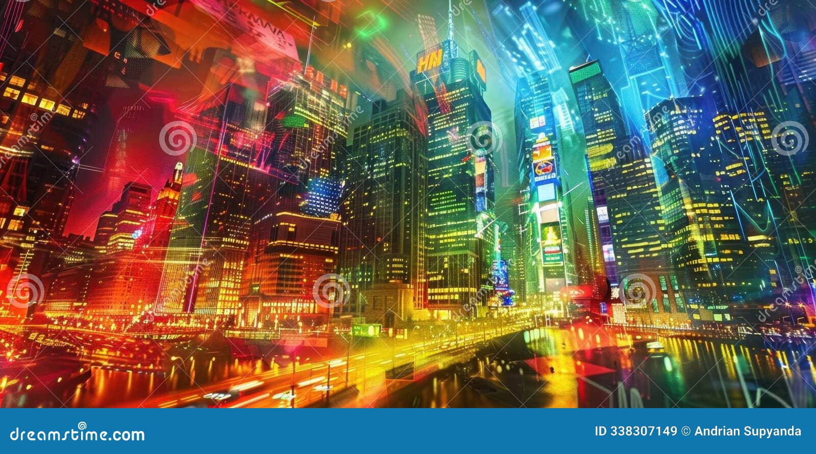 Urban Skyline at Night with Abstract Lights and Digital Overlays Stock ...