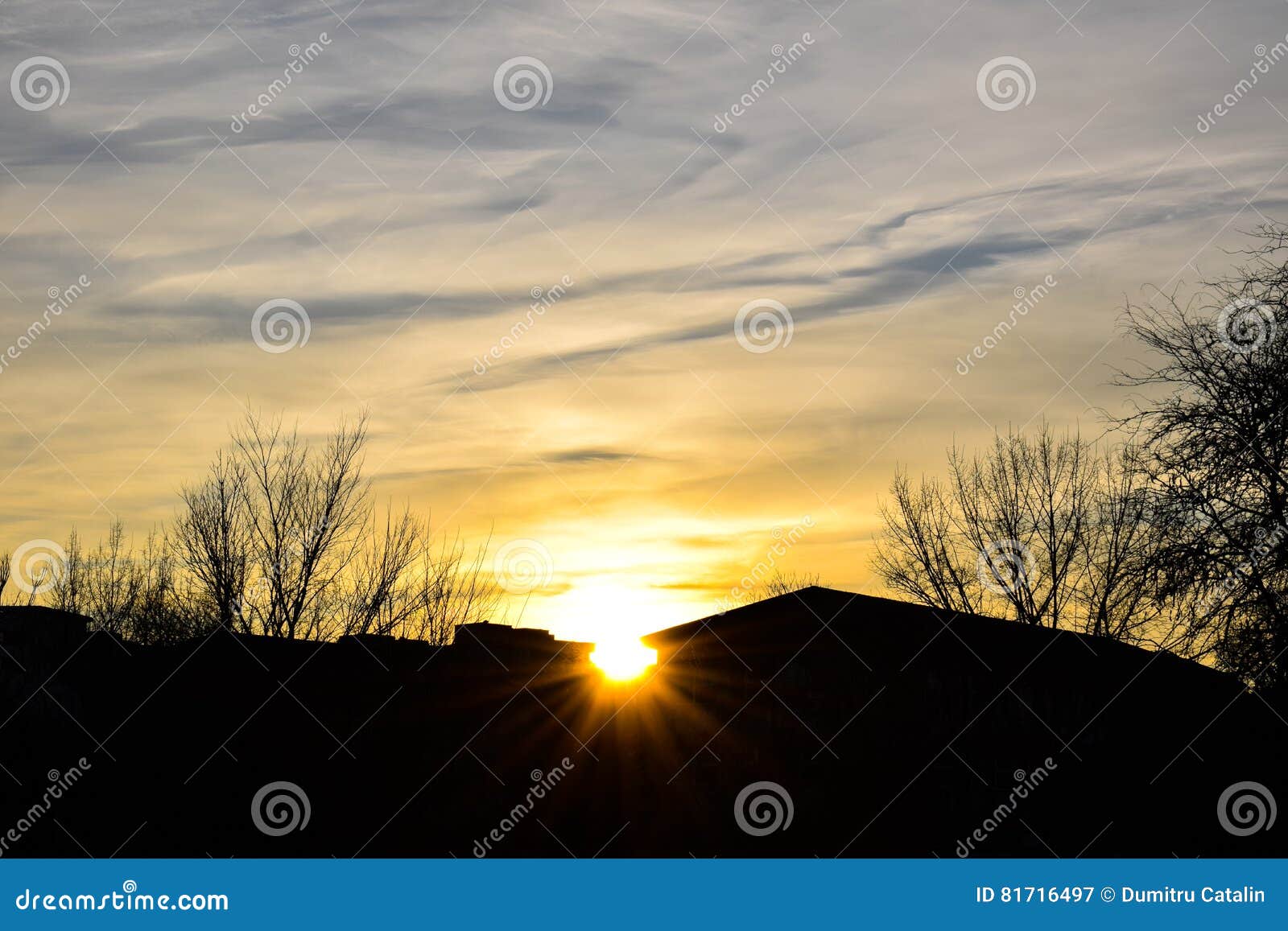 Urban sunset stock image. Image of trees, clouds, buildings - 81716497