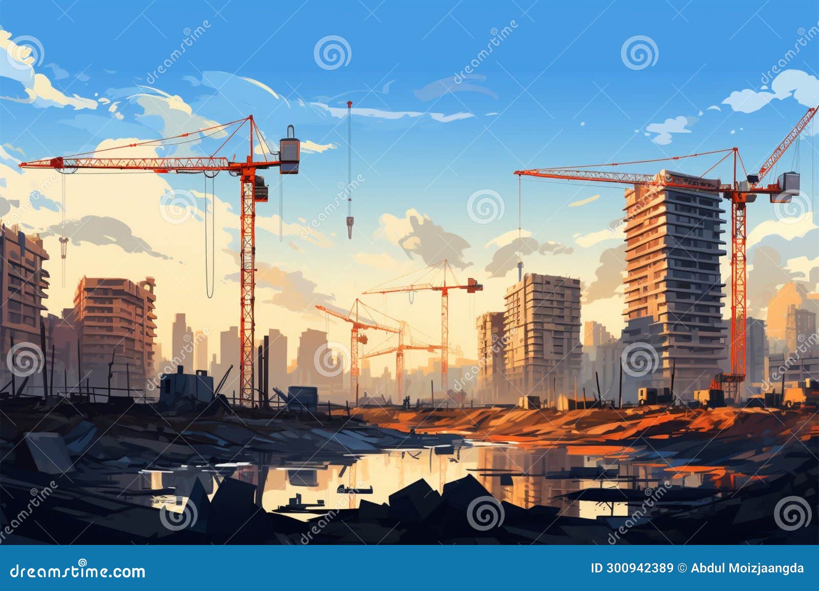 Urban Transformation Vector Construction Site with Cranes and Building ...