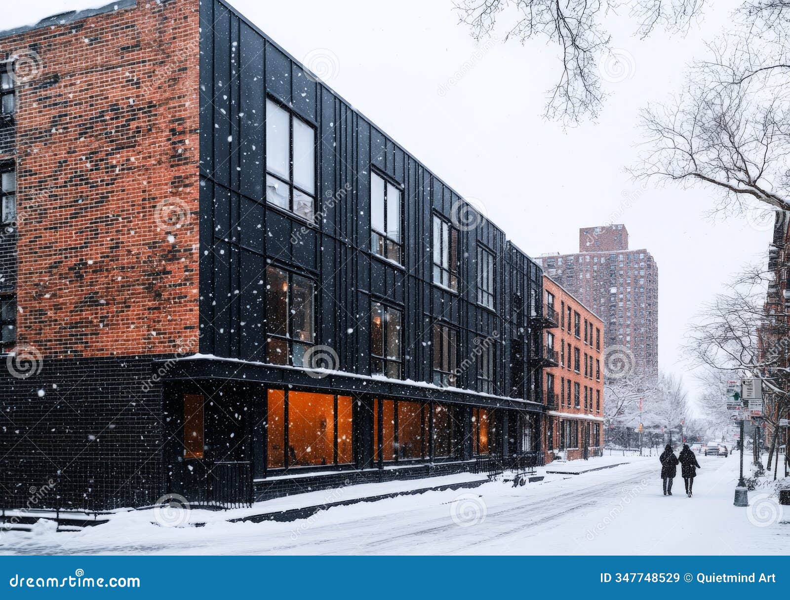 Urban Winter Scene with Snowfall on Modern Brick Buildings Stock Image ...