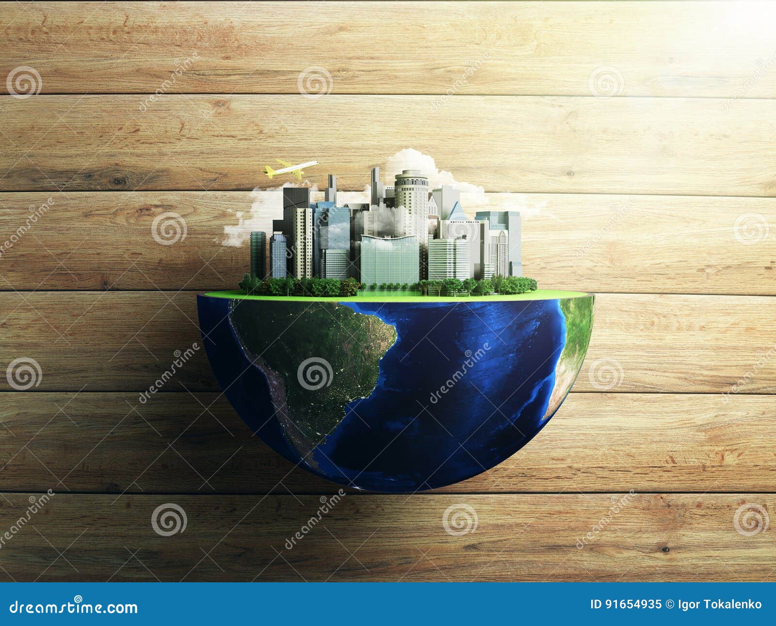 Urbanization Concept with Globe and City on Abstract Green Background ...