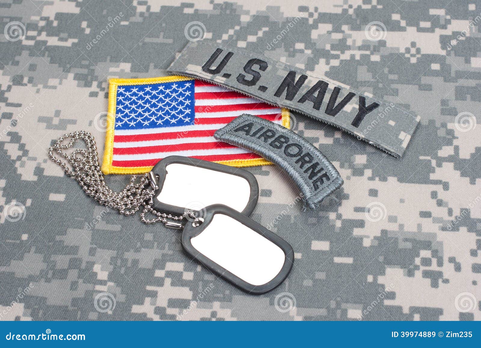 US ARMY Airborne Tab With Blank Dog Tags On Camouflage Uniform Royalty ...