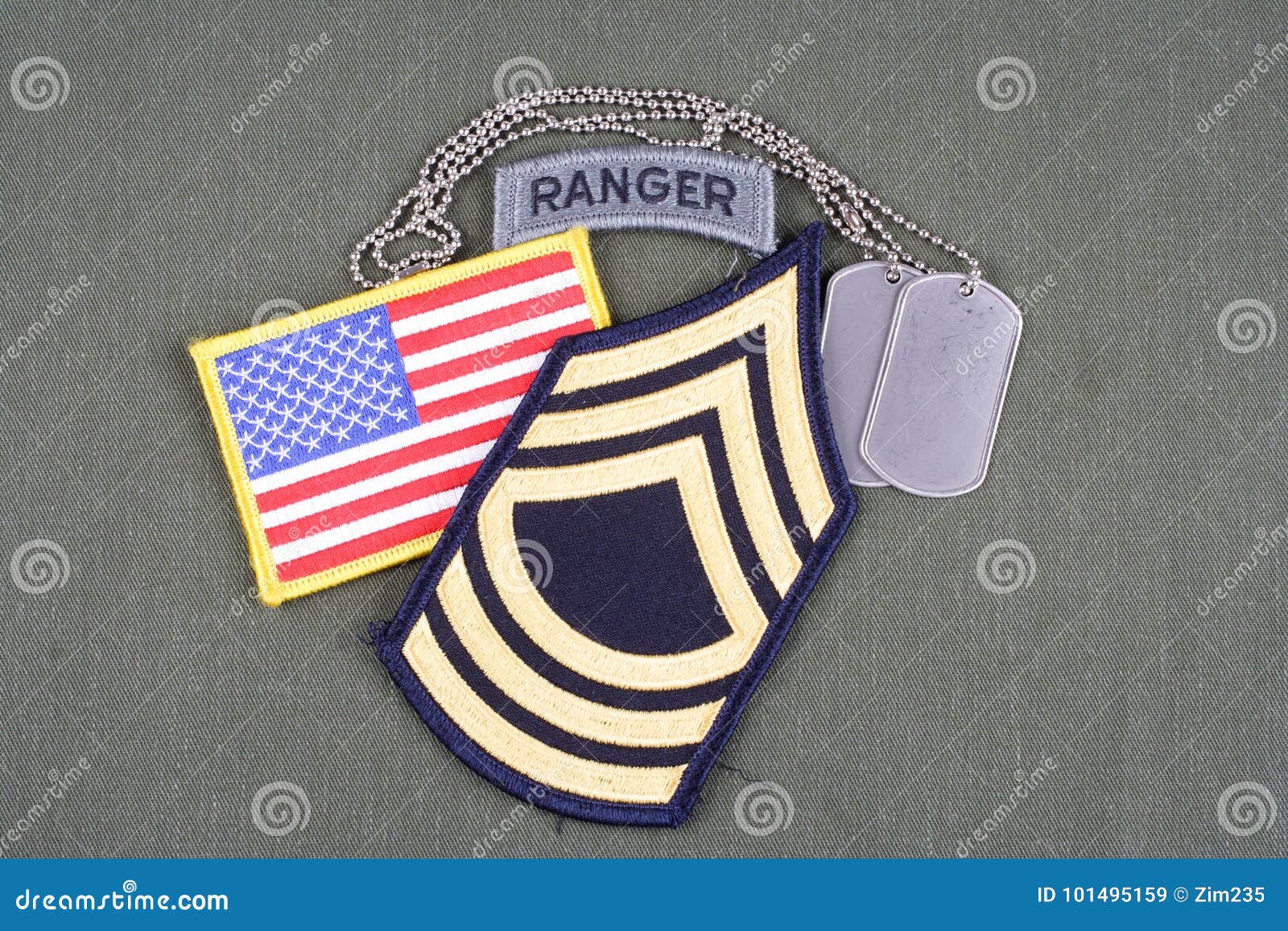 US ARMY Master Sergeant Rank Patch, Ranger Tab, Flag Patch And Dog Tag ...