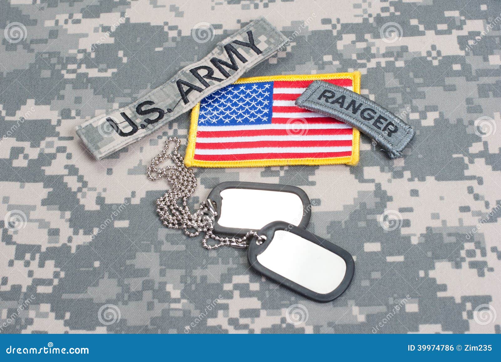 US ARMY Ranger Tab with Blank Dog Tags on Camouflage Uniform Editorial ...