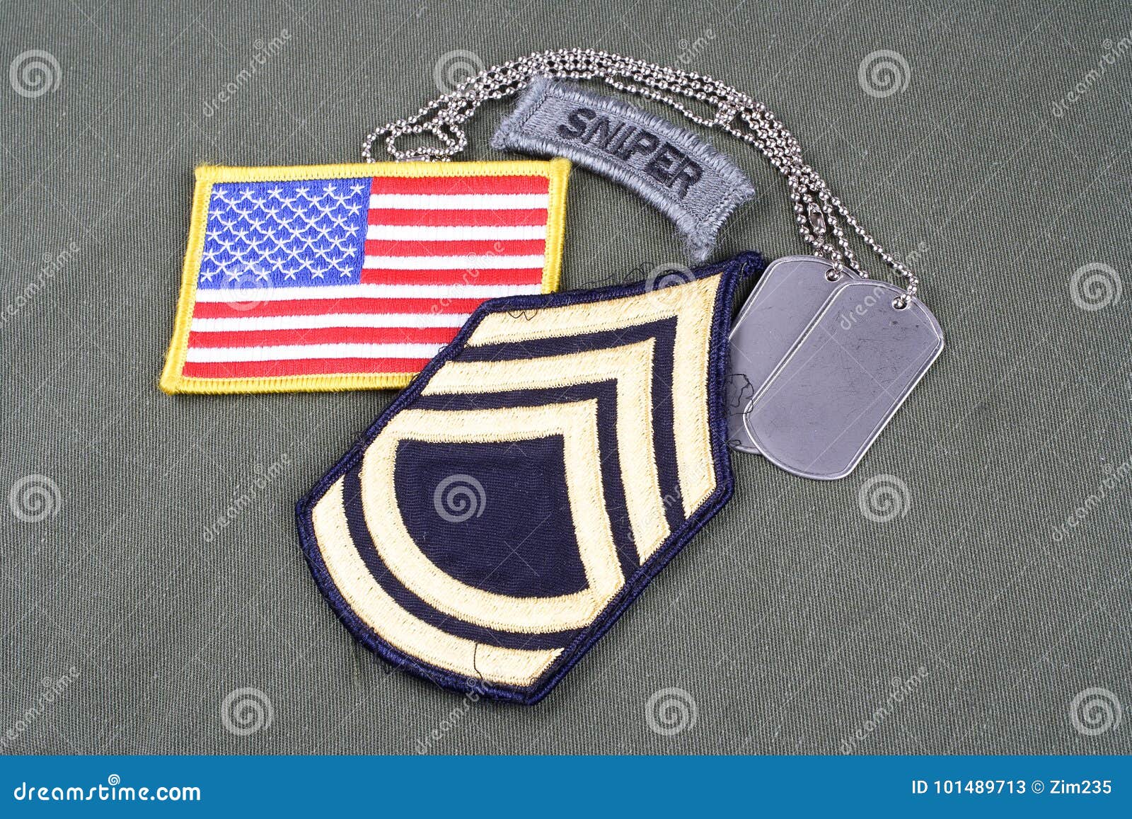 US ARMY Sergeant First Class Rank Patch, Sniper Tab, Flag Patch and Dog ...