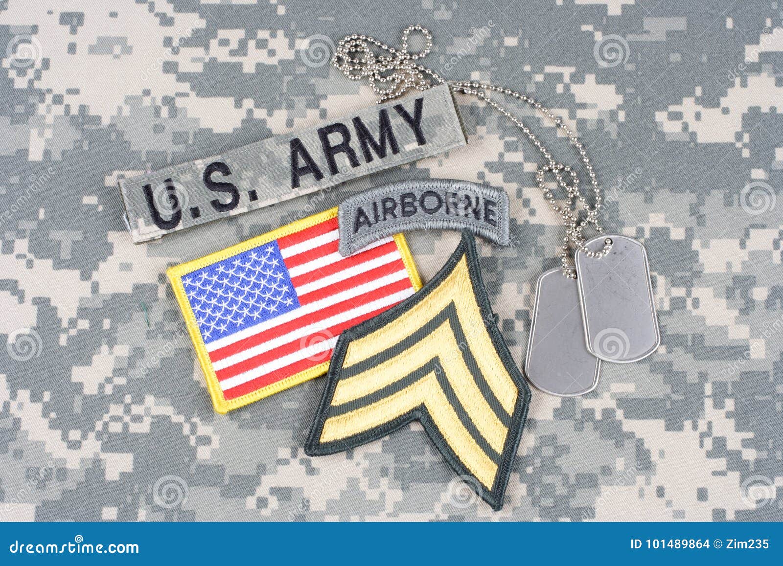 US ARMY Sergeant Rank Patch, Airborne Tab, Flag Patch, with Dog Tag on ...