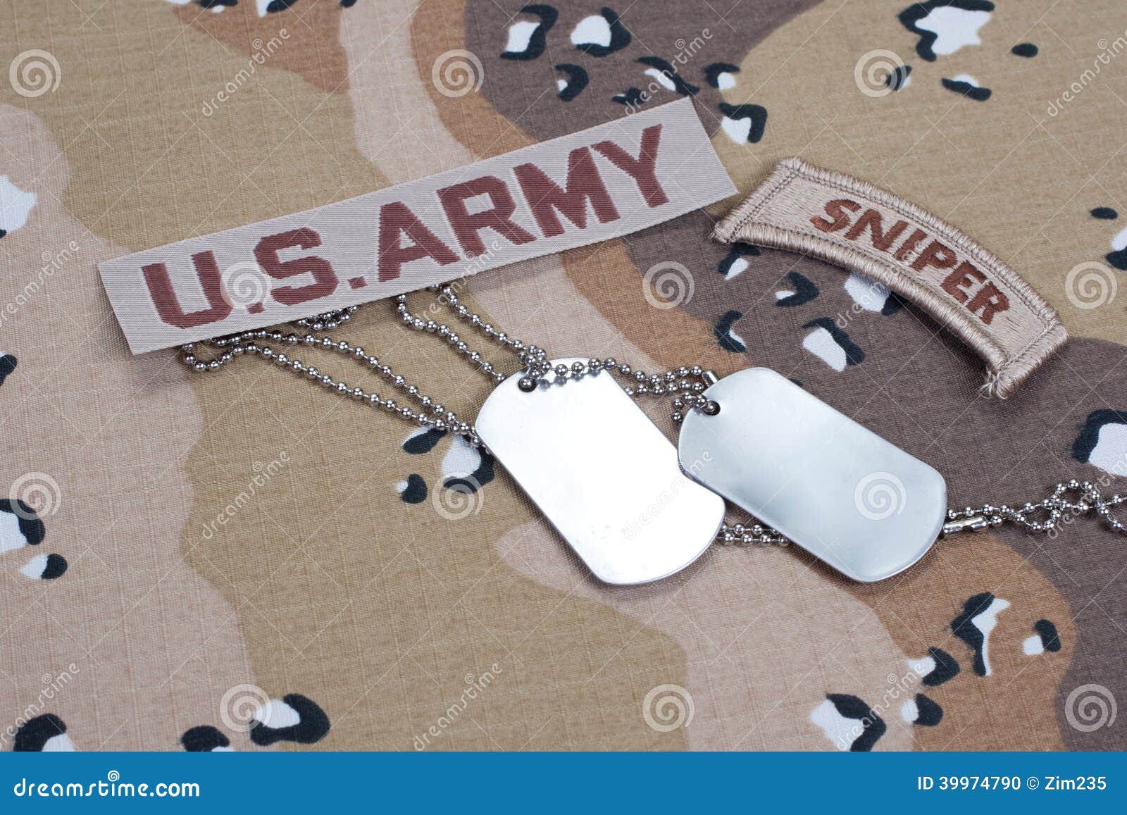 US ARMY Sniper Tab with Blank Dog Tags on Camouflage Uniform Editorial ...