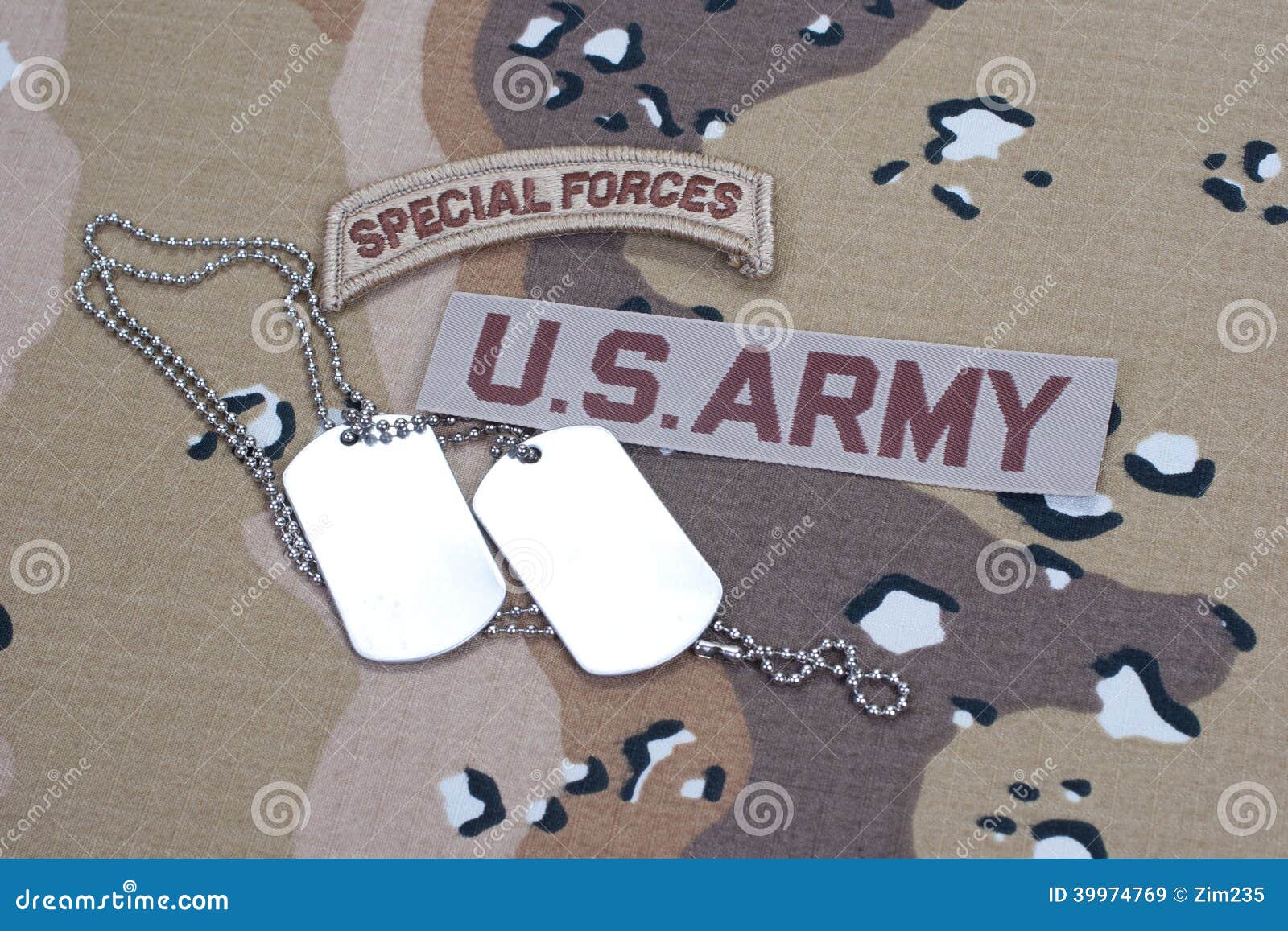 US ARMY Special Forces Tab With Blank Dog Tags On Camouflage Uniform ...
