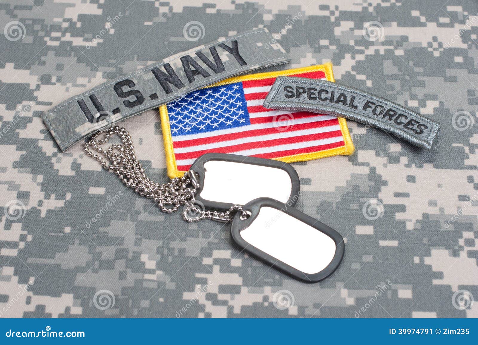US ARMY Special Forces Tab with Blank Dog Tags on Camouflage Uniform ...