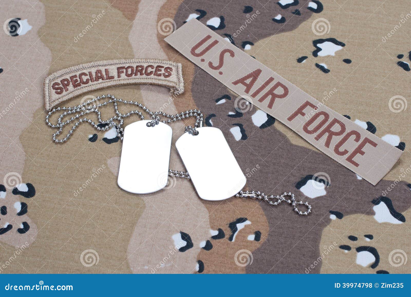 US ARMY Special Forces Tab with Blank Dog Tags on Camouflage Uniform ...