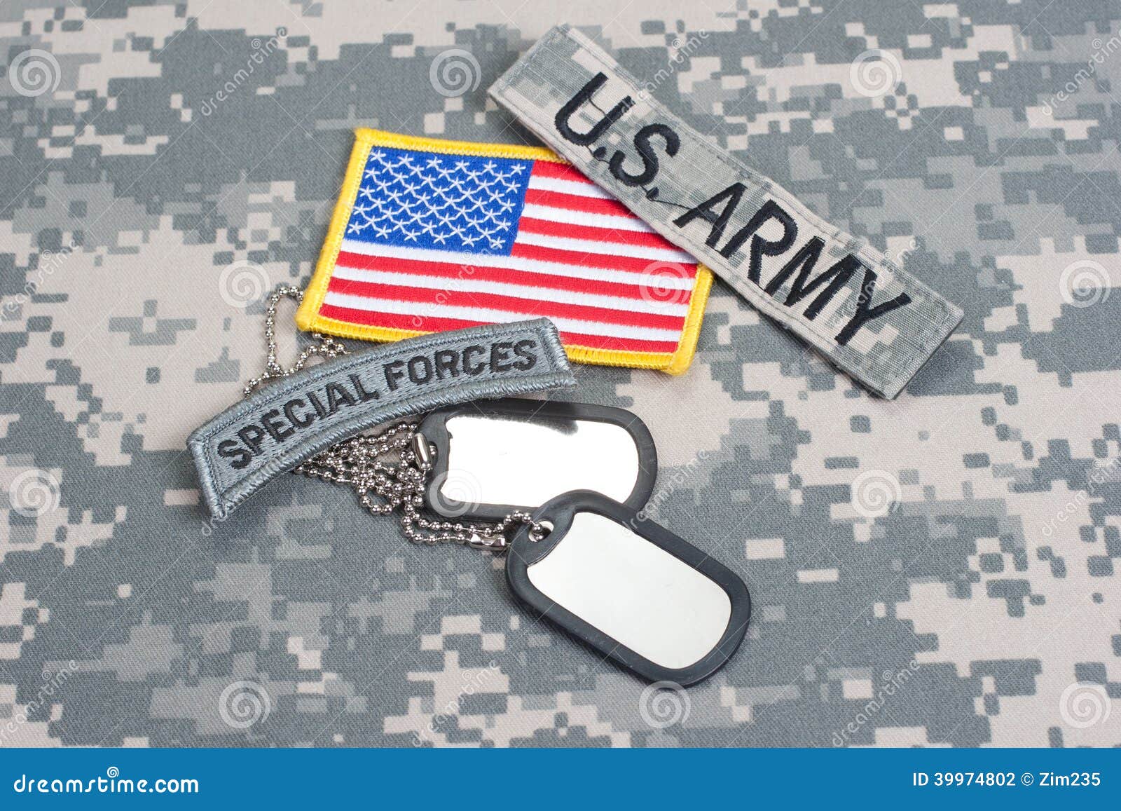 US ARMY Special Forces Tab With Blank Dog Tags On Camouflage Uniform ...