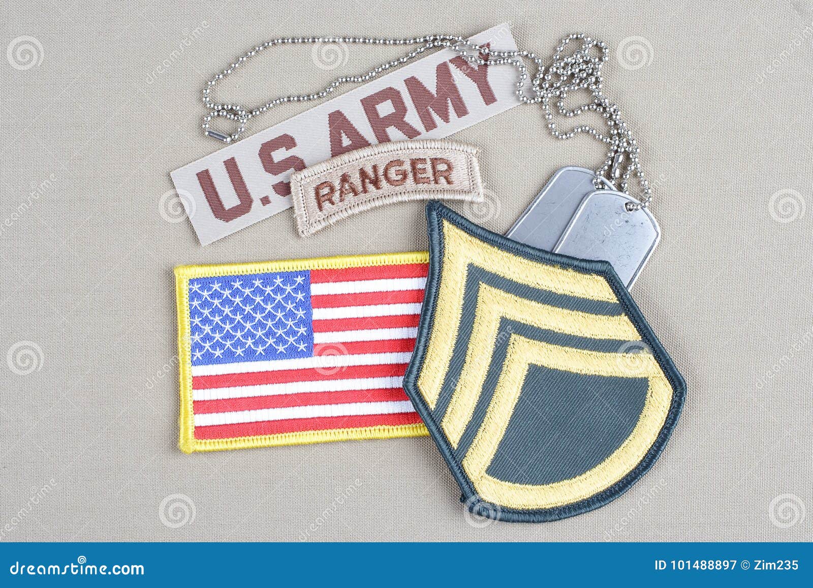 US ARMY Staff Sergeant Rank Patch, Ranger Tab, Flag Patch And Dog Tag ...