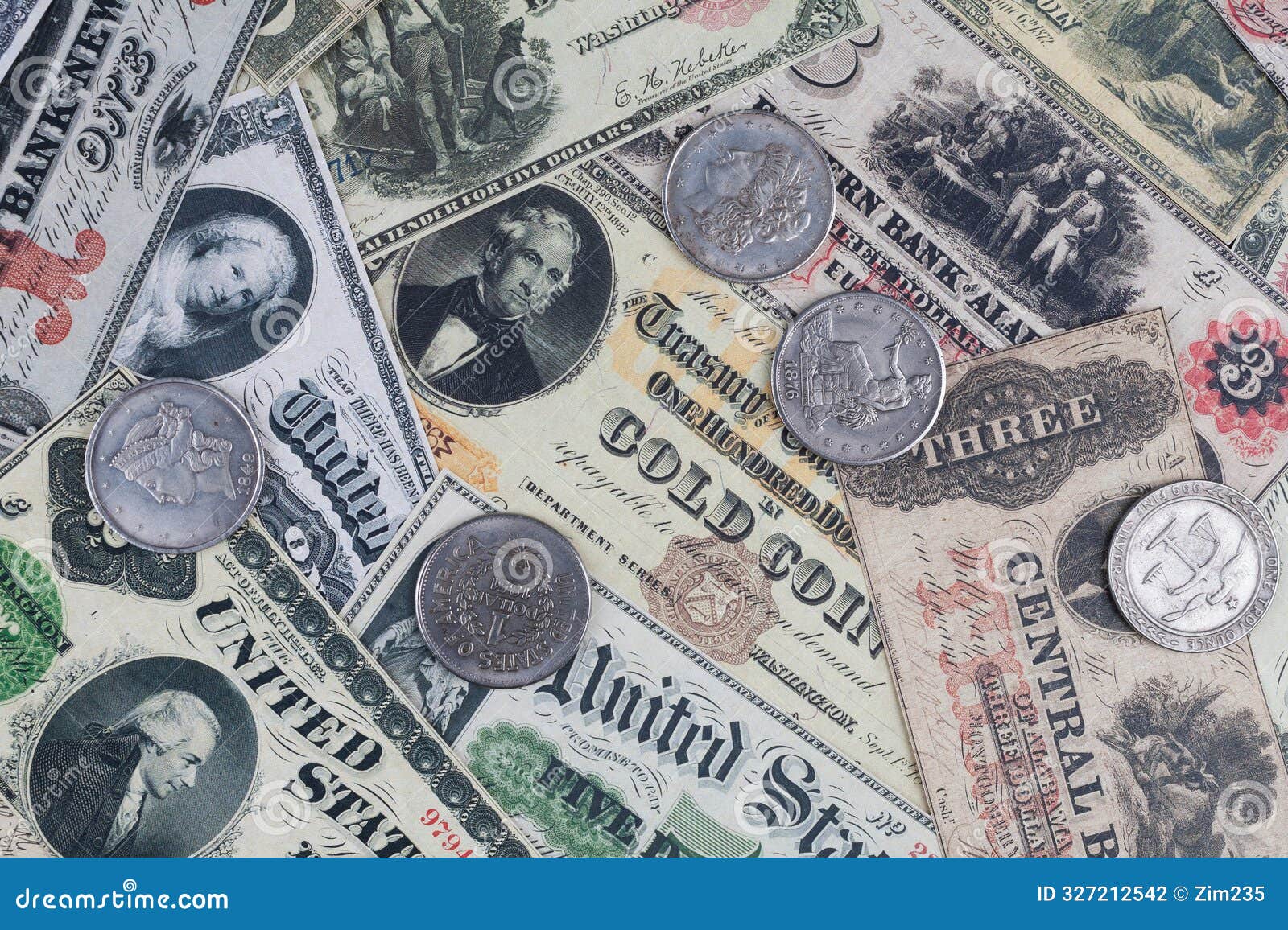 US Banknotes and Silver Certificates with Silver Dollar Coins Stock ...