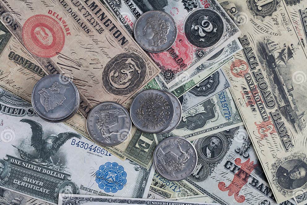US Banknotes and Silver Certificates with Silver Dollar Coins Stock ...