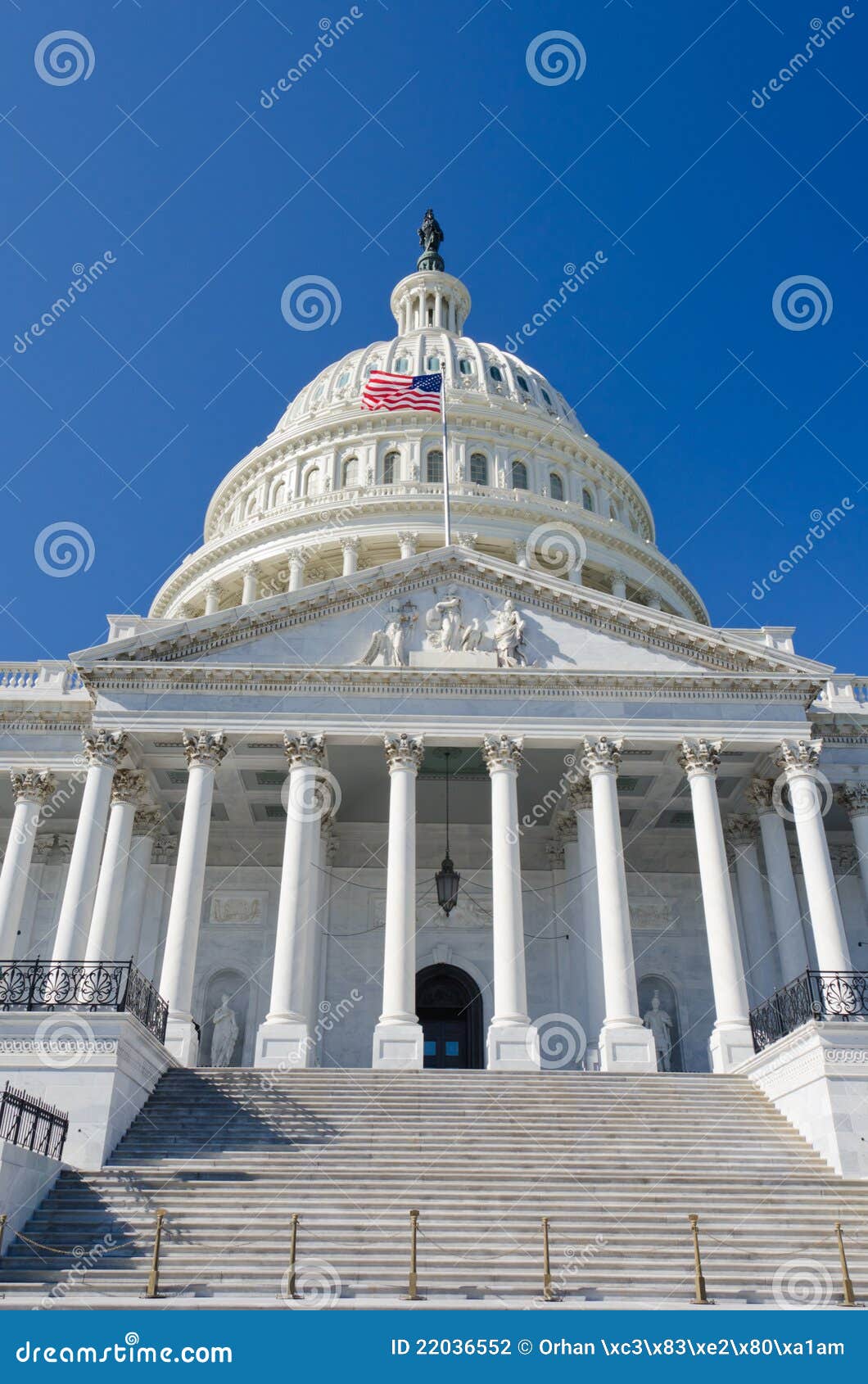 US Capitol Building Entrance with US Flag Waves Stock Photo - Image of ...