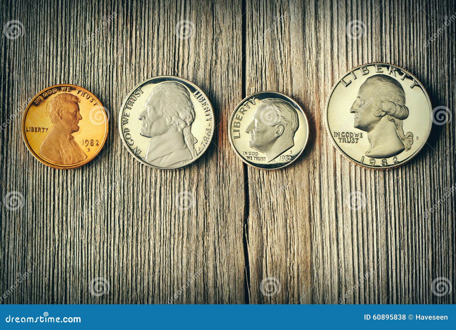 US Cent Coins Over Wooden Background Stock Photo - Image of quarter ...