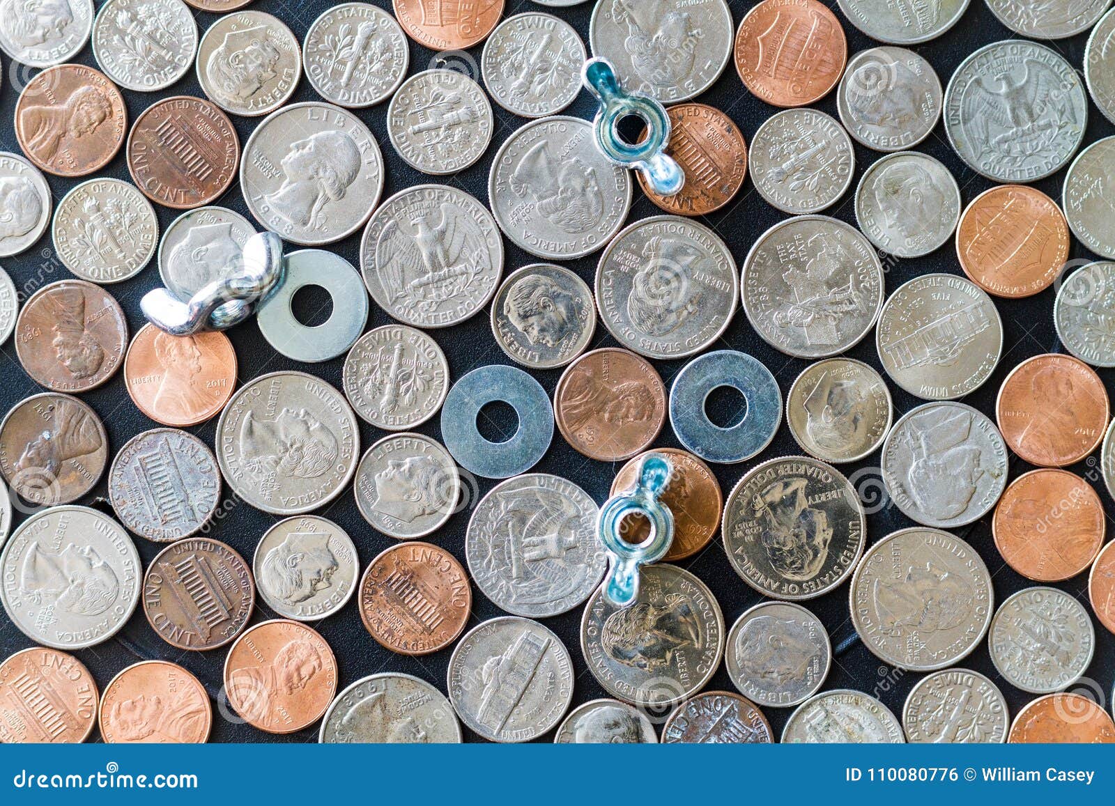 US Coins on Flat Surface with Washers Wing Nuts Stock Photo - Image of ...