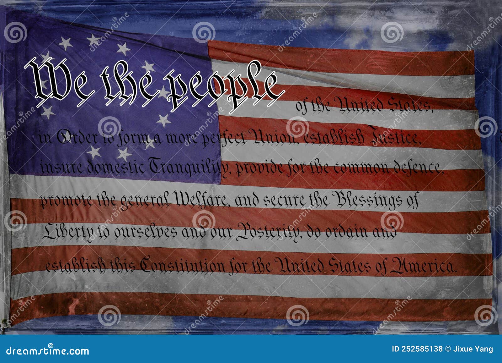 US Constitution with Betsy Ross 13-star Flag Background Stock Photo ...