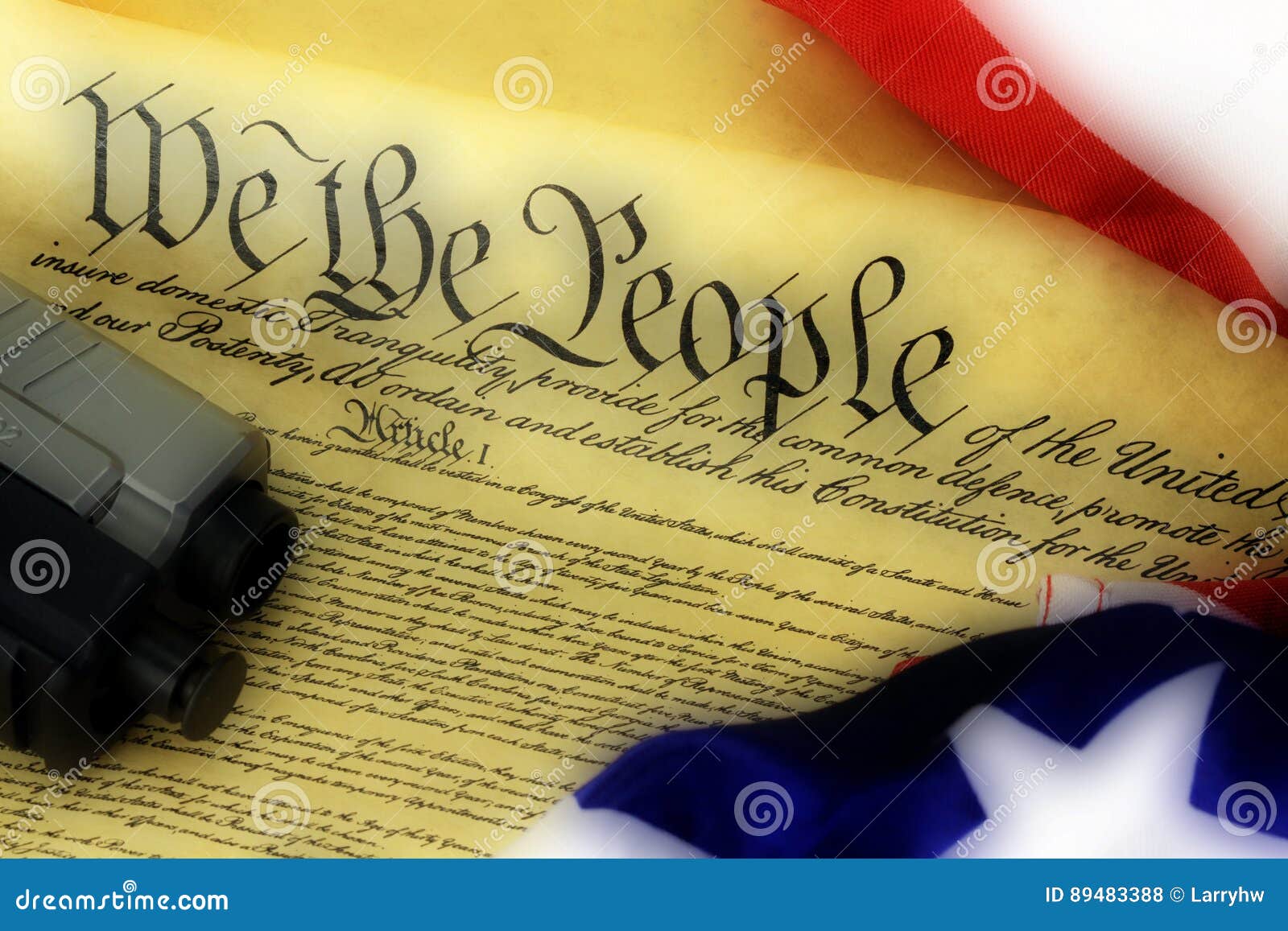 US Constitution with Hand Gun - Right To Keep and Bear Arms Stock Photo ...