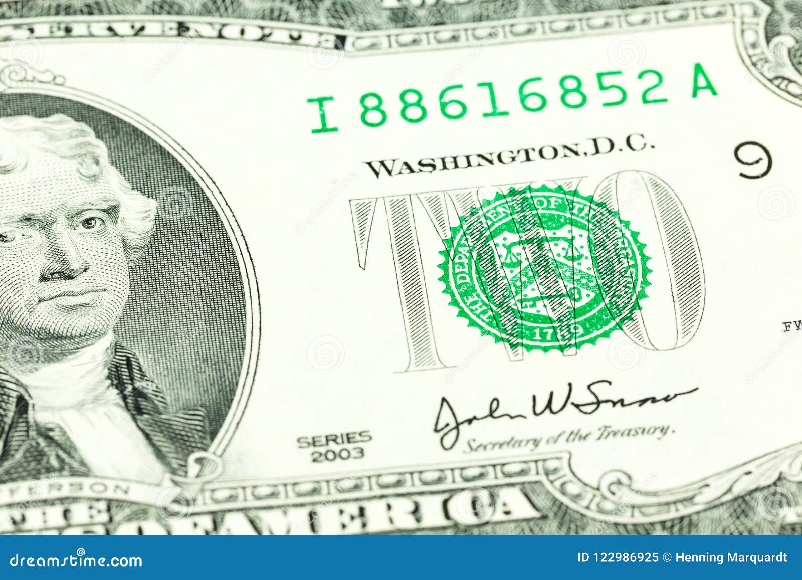 2 Us-dollar Bank Note Obverse Detail Stock Image - Image of crisis ...