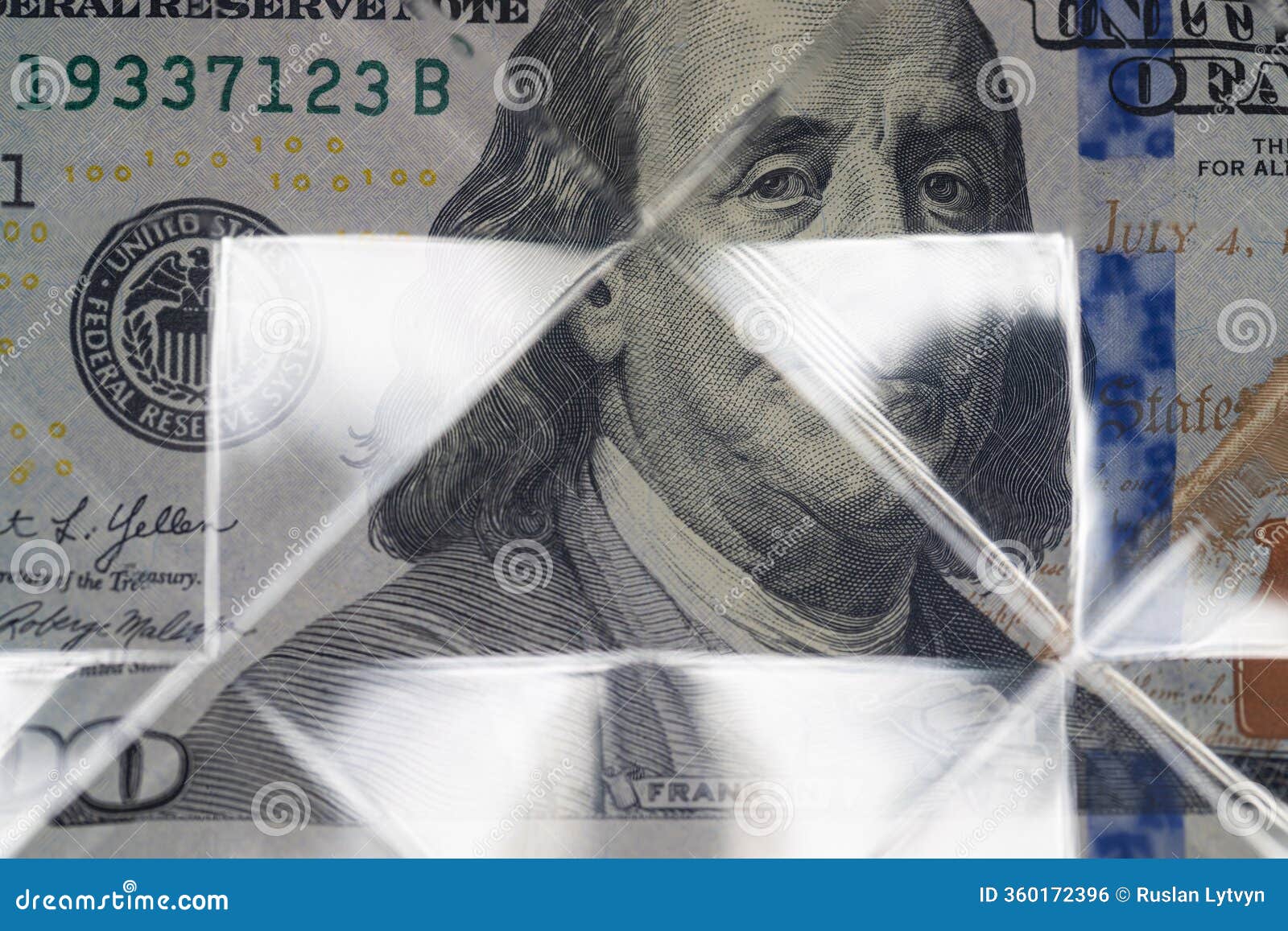 US 100 Dollar Banknote Under Transparent Curved Plastic Stock Photo ...