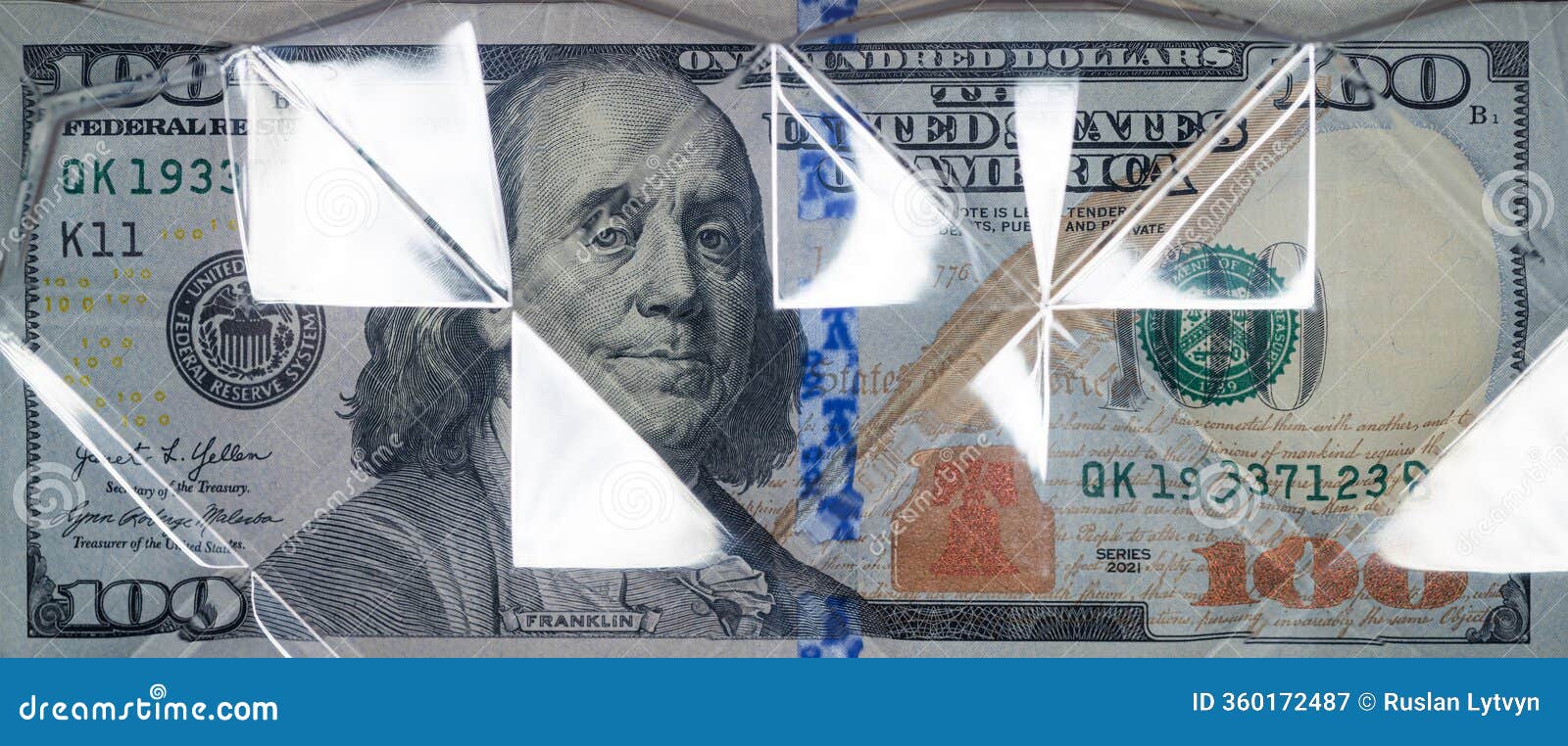 US 100 Dollar Banknote Under Transparent Curved Plastic Stock Image ...
