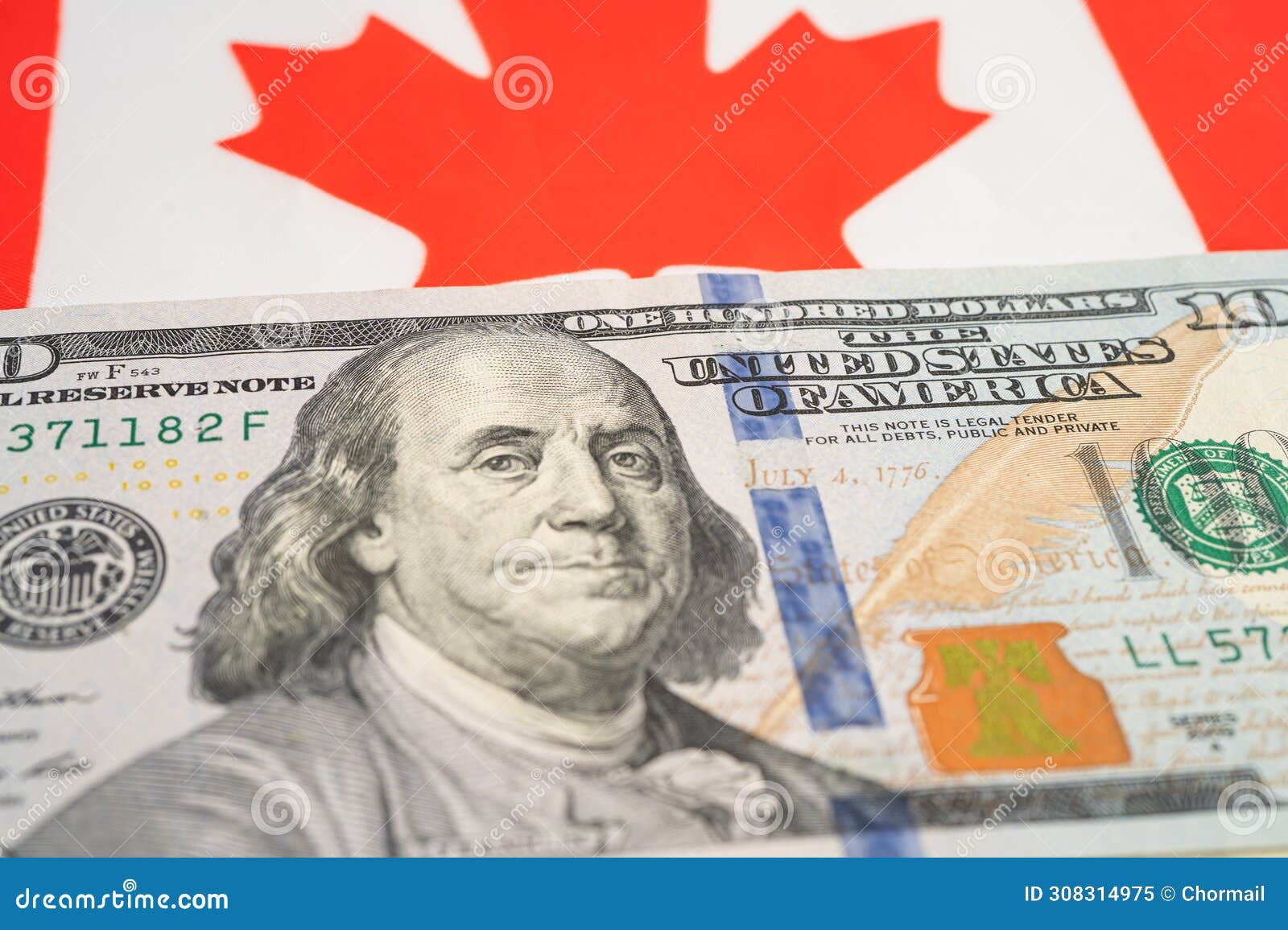 US Dollar Banknotes on Canada Flag Background, Business and Finance ...