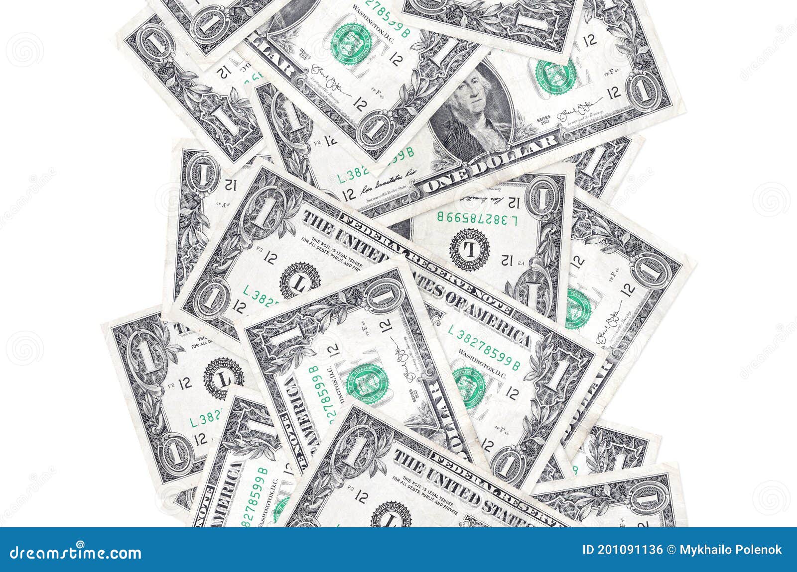1 US Dollar Bills Flying Down Isolated on White. Many Banknotes Falling ...