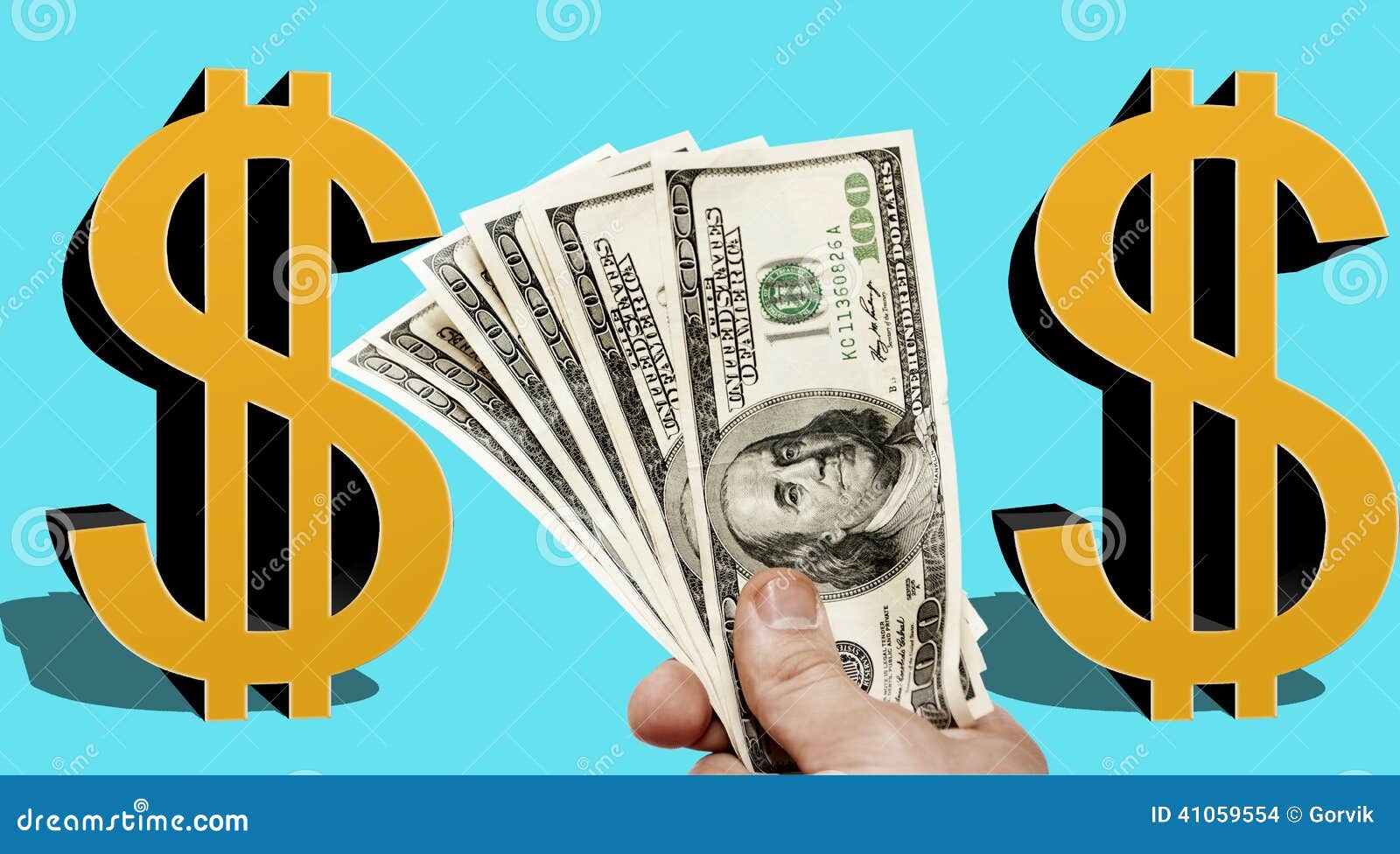 US Dollar Notes in a Hand with a Dollar Sign of Yellow Color on Stock ...