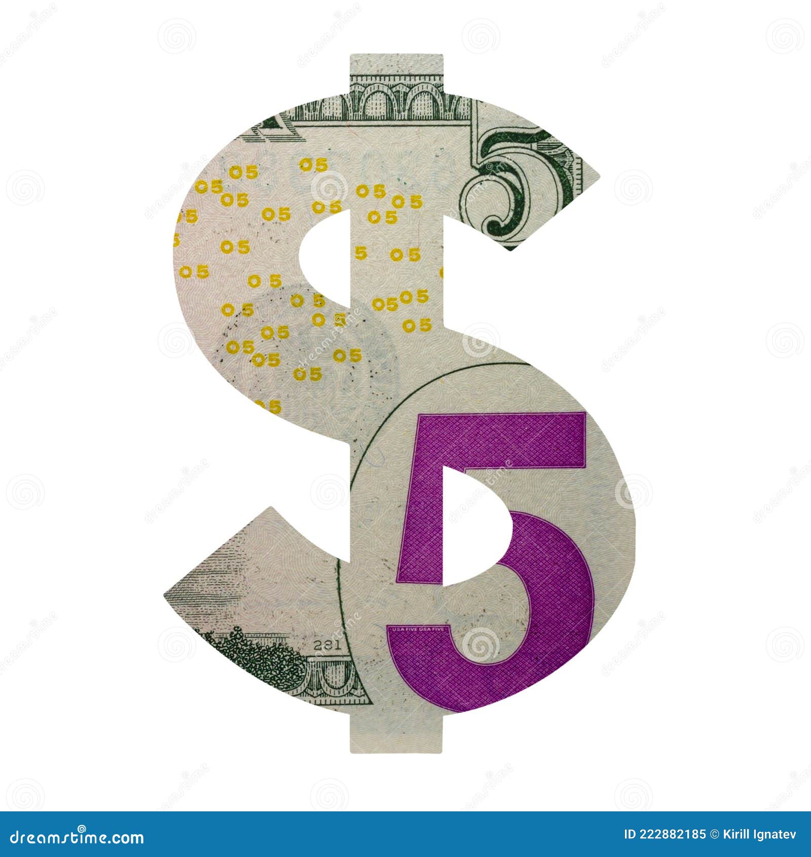 US Dollar Sign Icon with Real 5 Reverse Dollars Banknote Texture ...