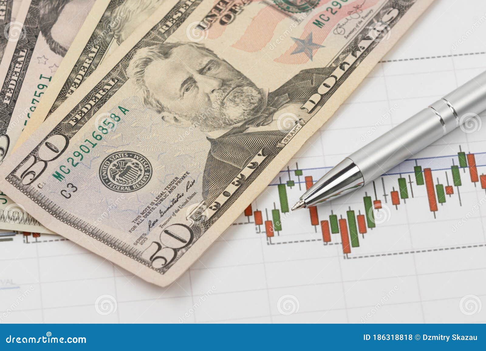 US Dollars and Technical Chart of Financial Instruments on a Table with ...