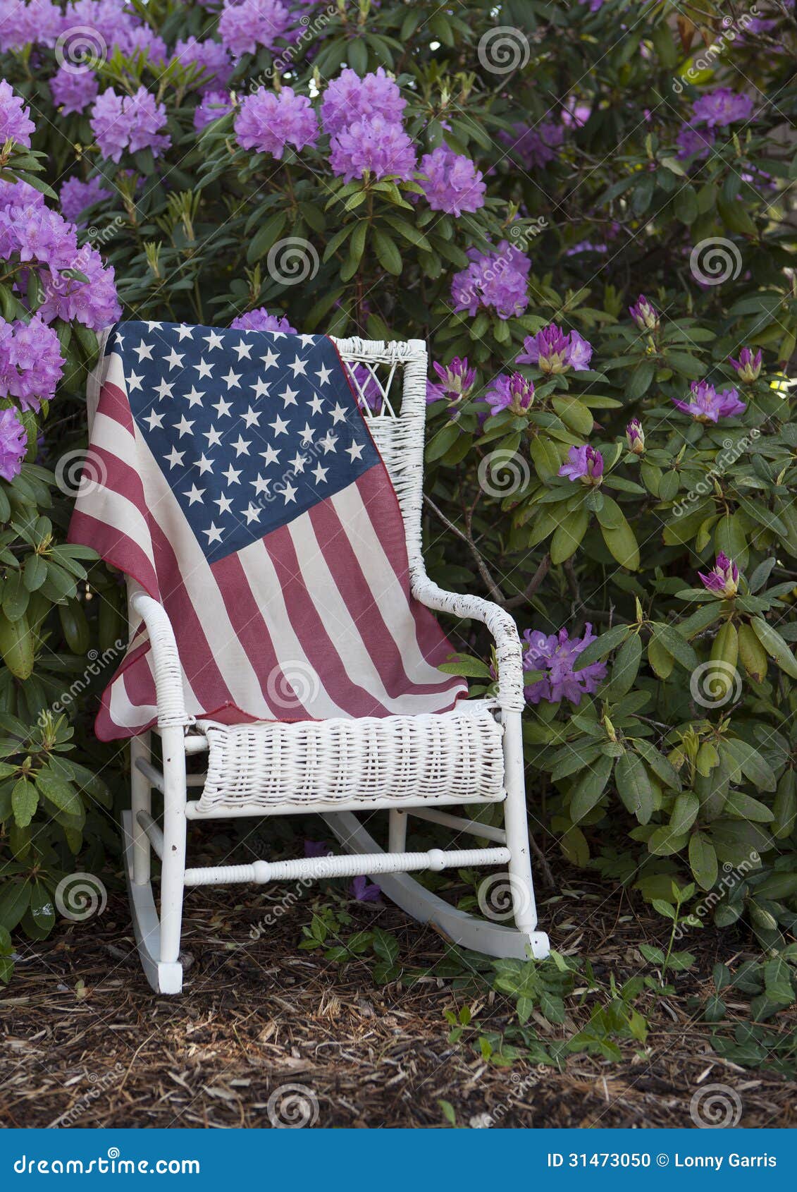 US Flag Draped on a Antique White Wicker Chair Stock Photo - Image of ...