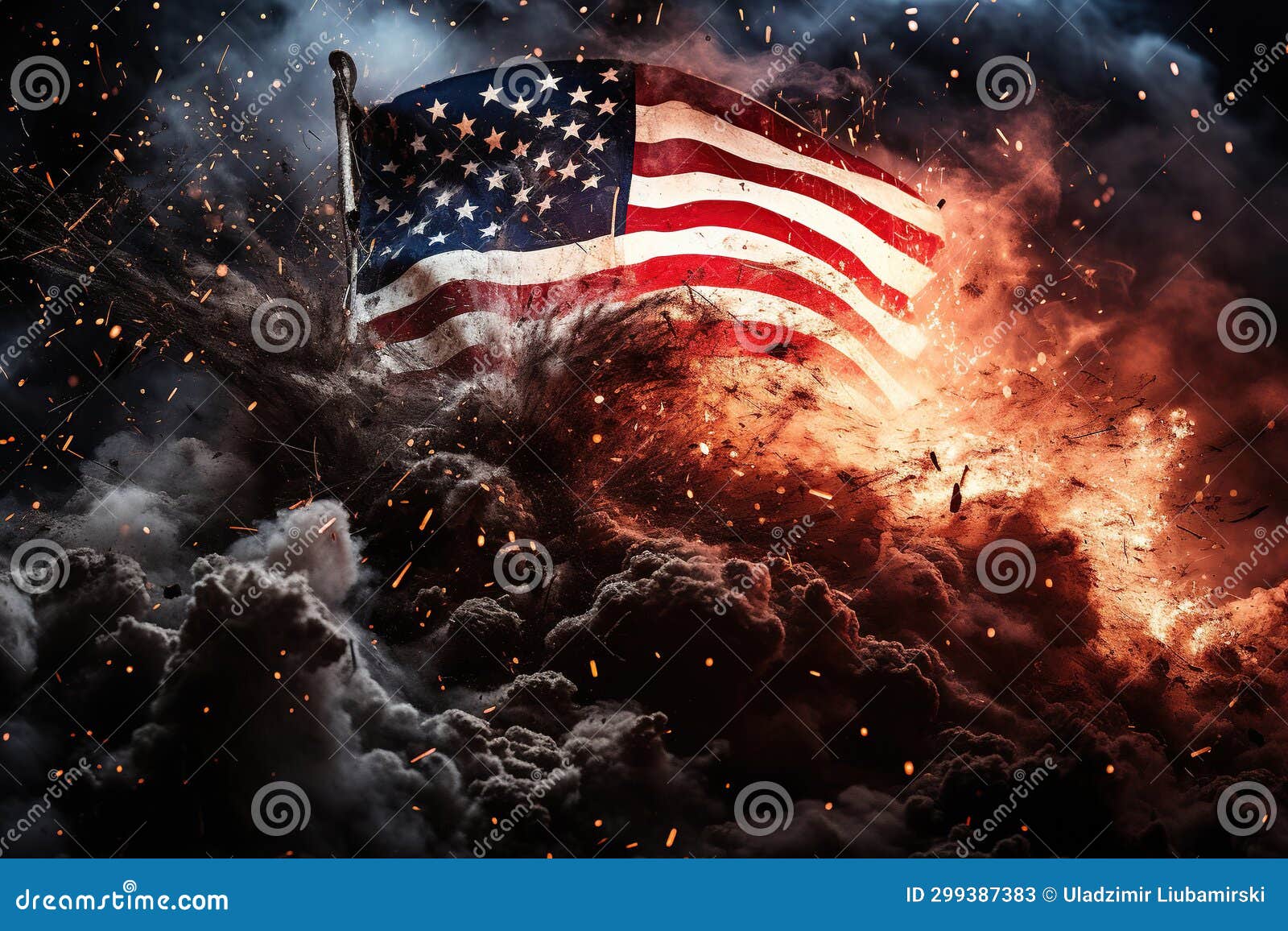 The US Flag is on Fire and Puffs of Smoke. Generated by Artificial ...