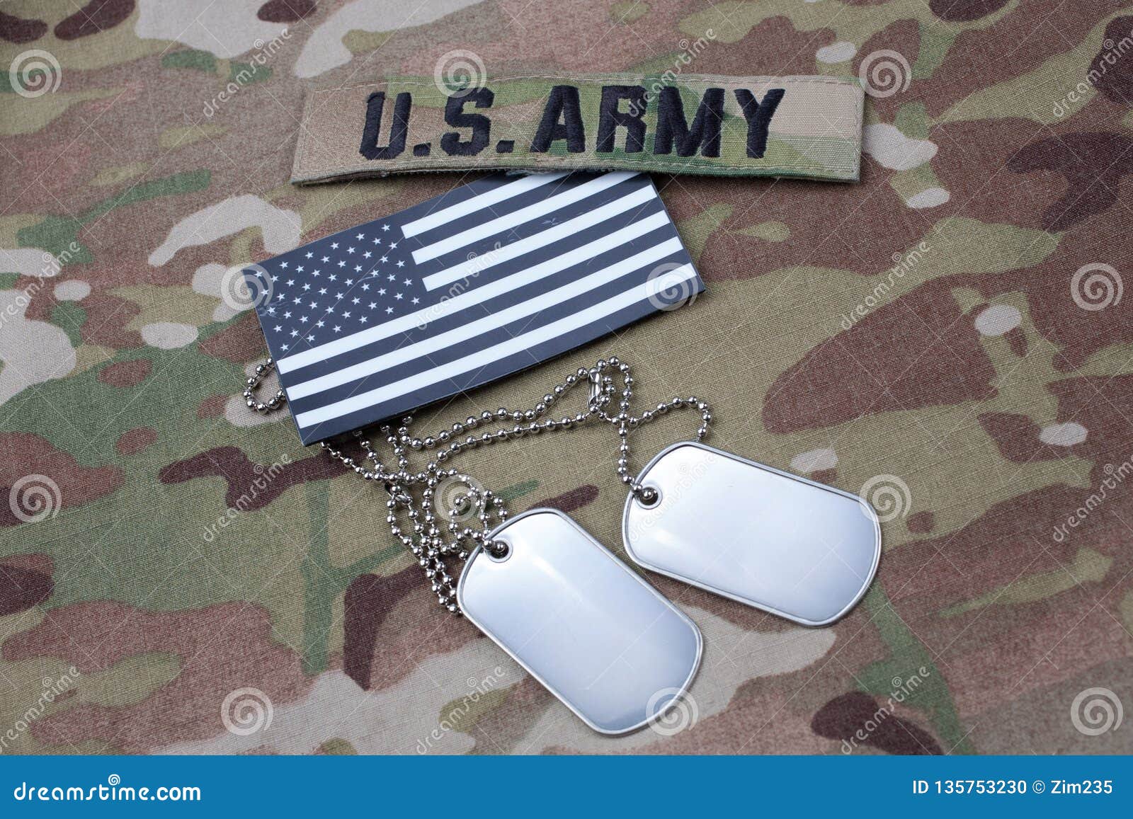 US Flag Patch with Dog Tag on US ARMY Multicam Uniform Stock Photo ...