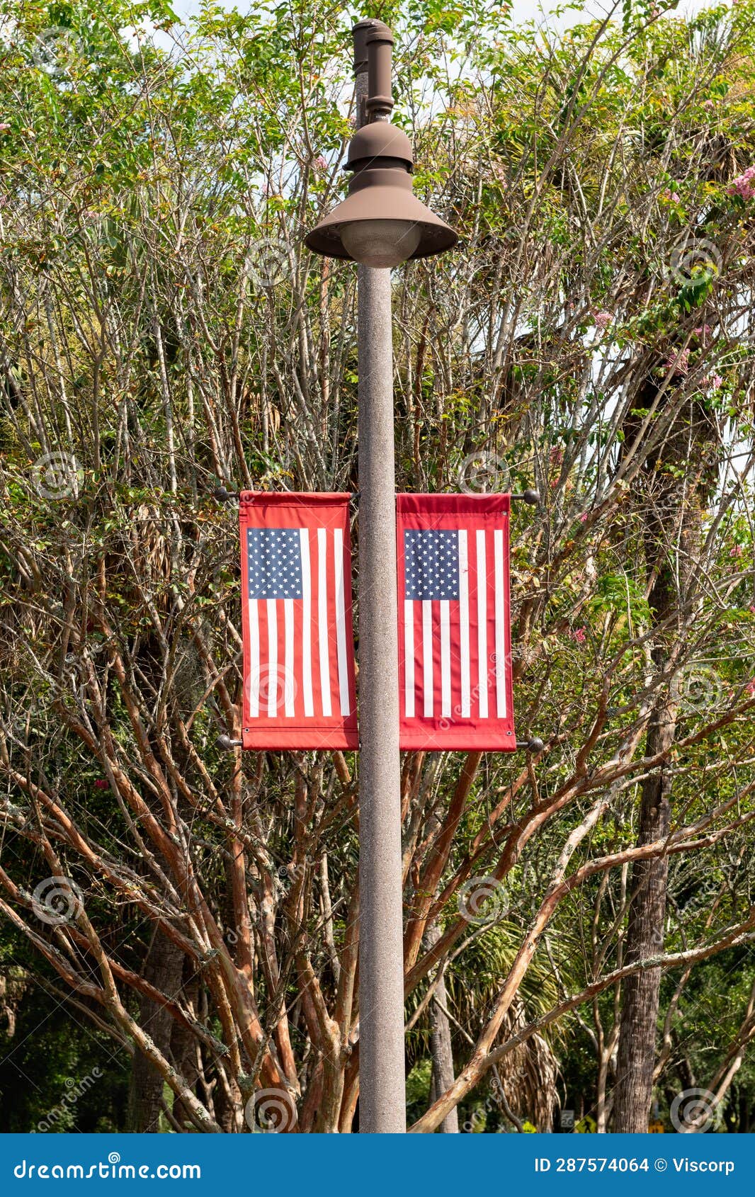 US Flags on Street Light Pole Stock Photo - Image of memorial ...