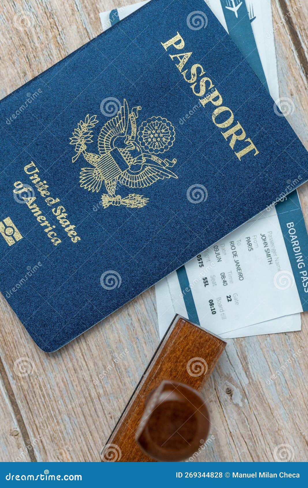 Us Passport And Stamp On Wooden Background Safe Journey With Necessary Documentation Top View