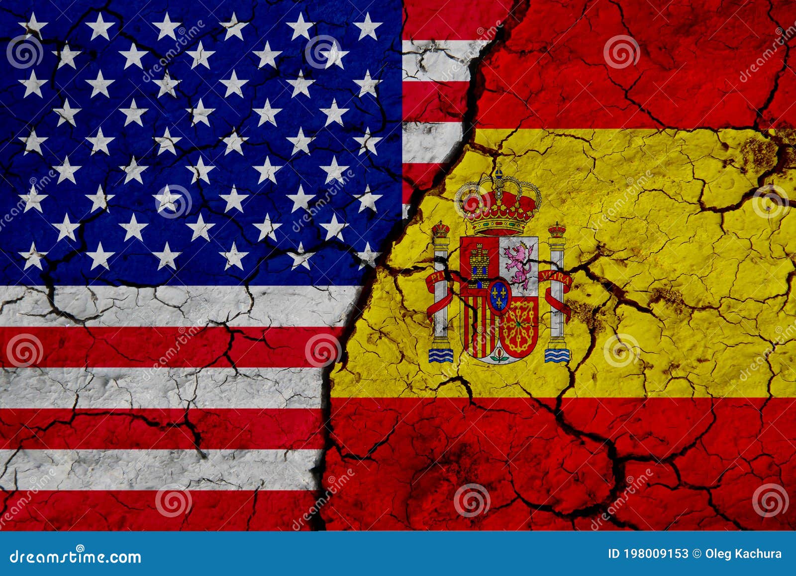 US And Spain Flag On Textured Cracked Ground. The Concept Of ...