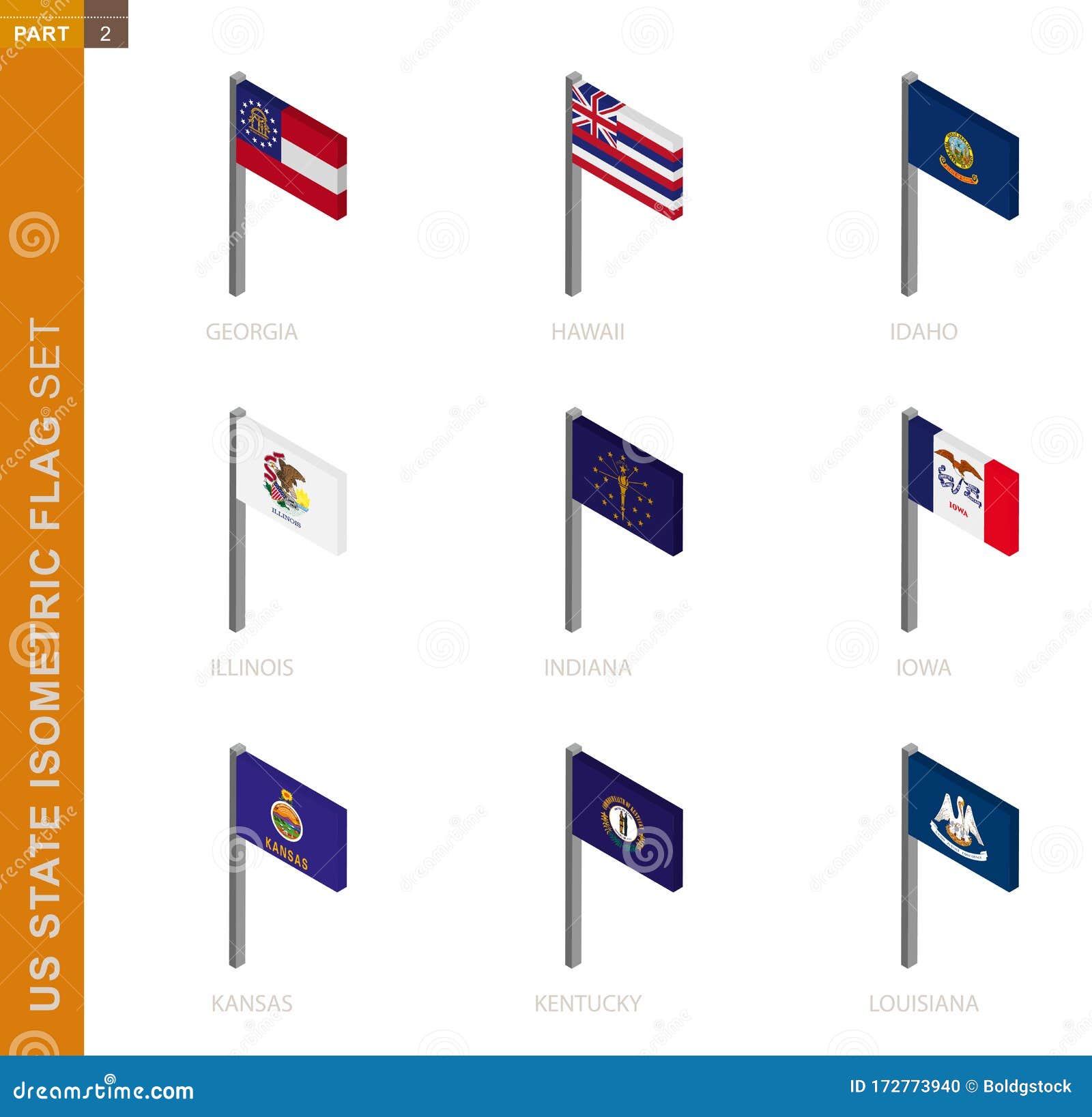 US State Isometric Flag Set, Flagpole in Isometric Dimension Stock ...