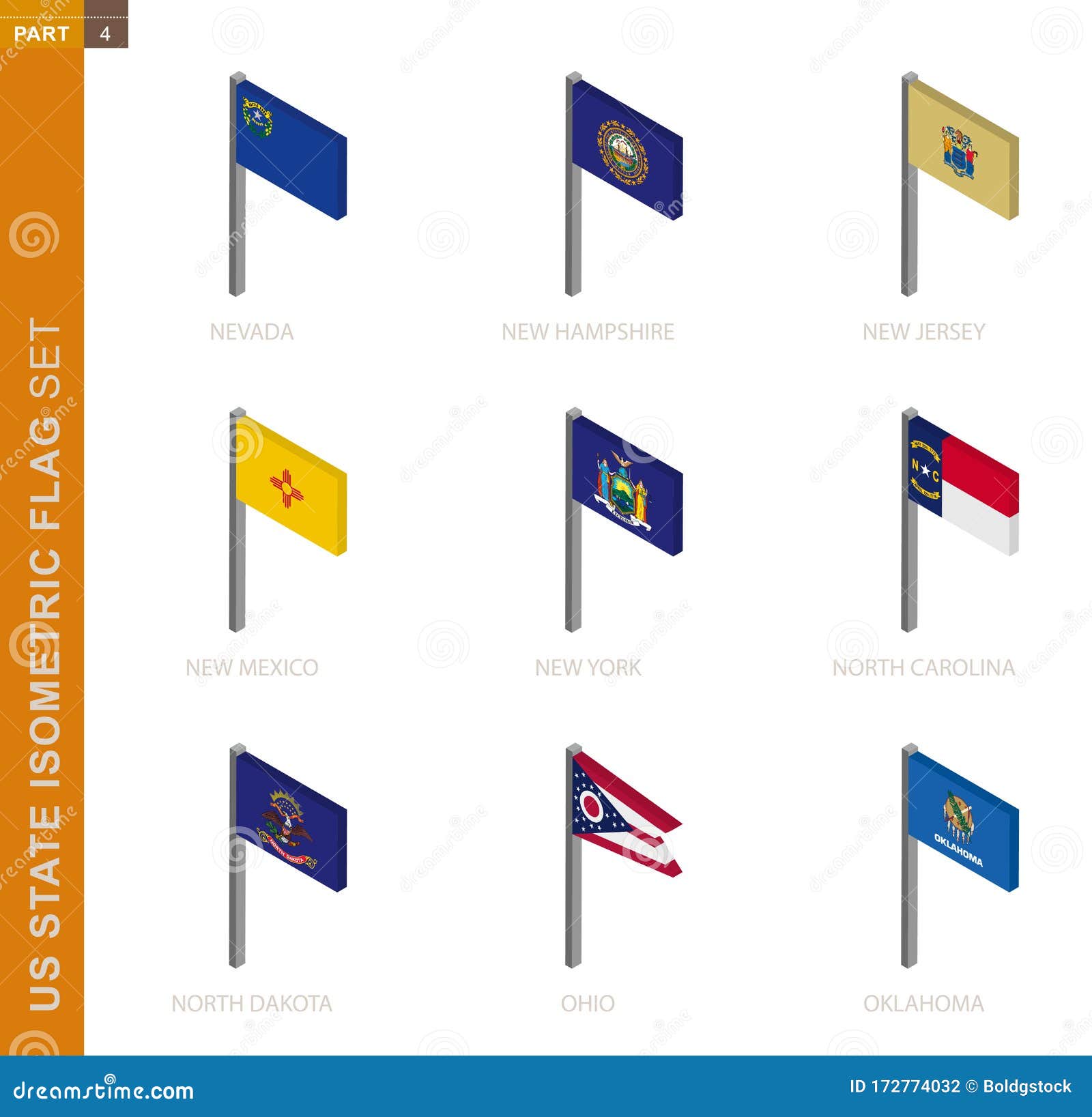 US State Isometric Flag Set, Flagpole in Isometric Dimension Stock ...